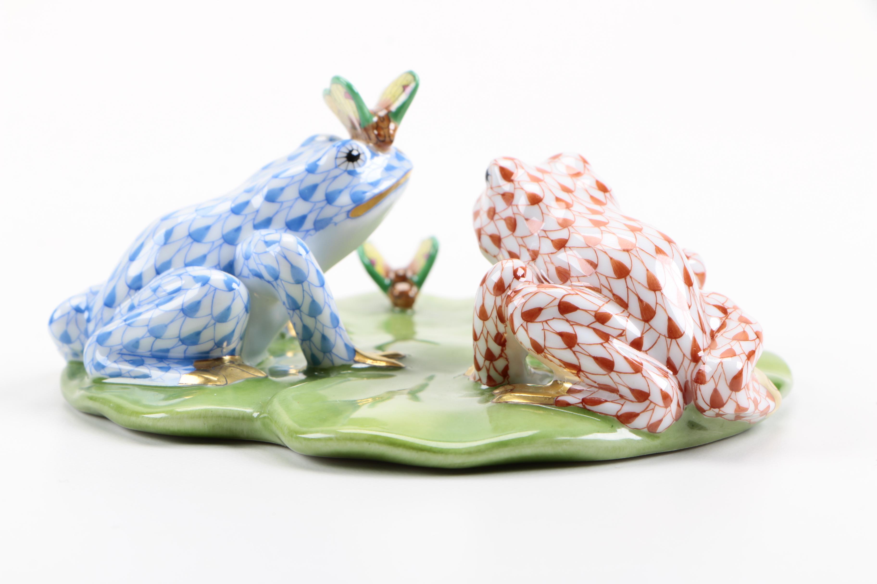 Hand Painted Herend Frogs on Lily Pad Figurine | EBTH