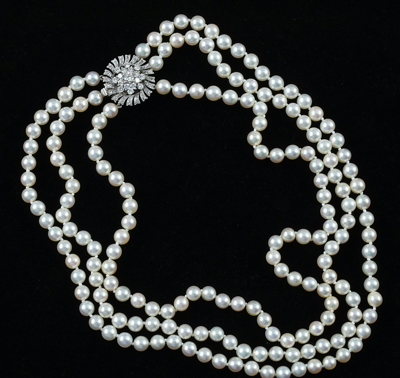 Three Strand Cultured Pearl Necklace With An 18k White Gold And Diamond