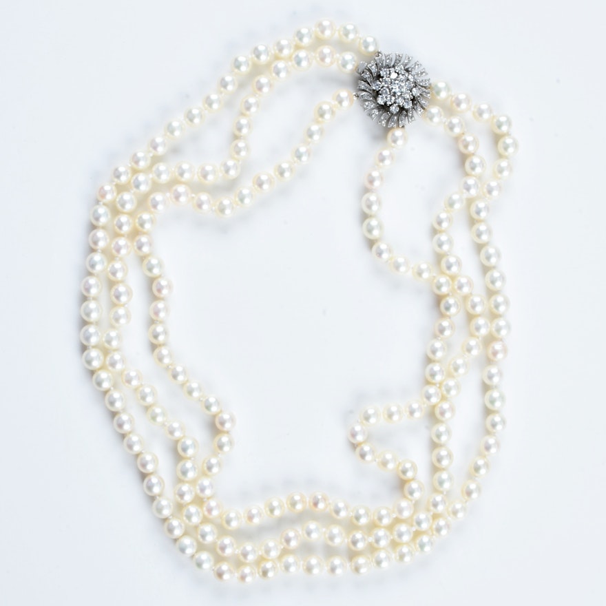Three Strand Cultured Pearl Necklace With An 18k White Gold And Diamond