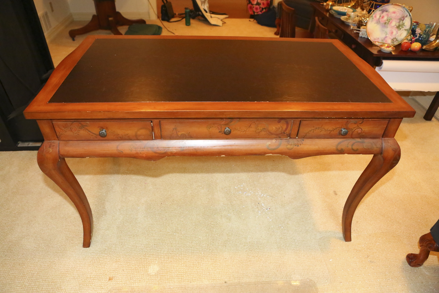 Hand Painted Writing Desk with Leather Inlay | EBTH