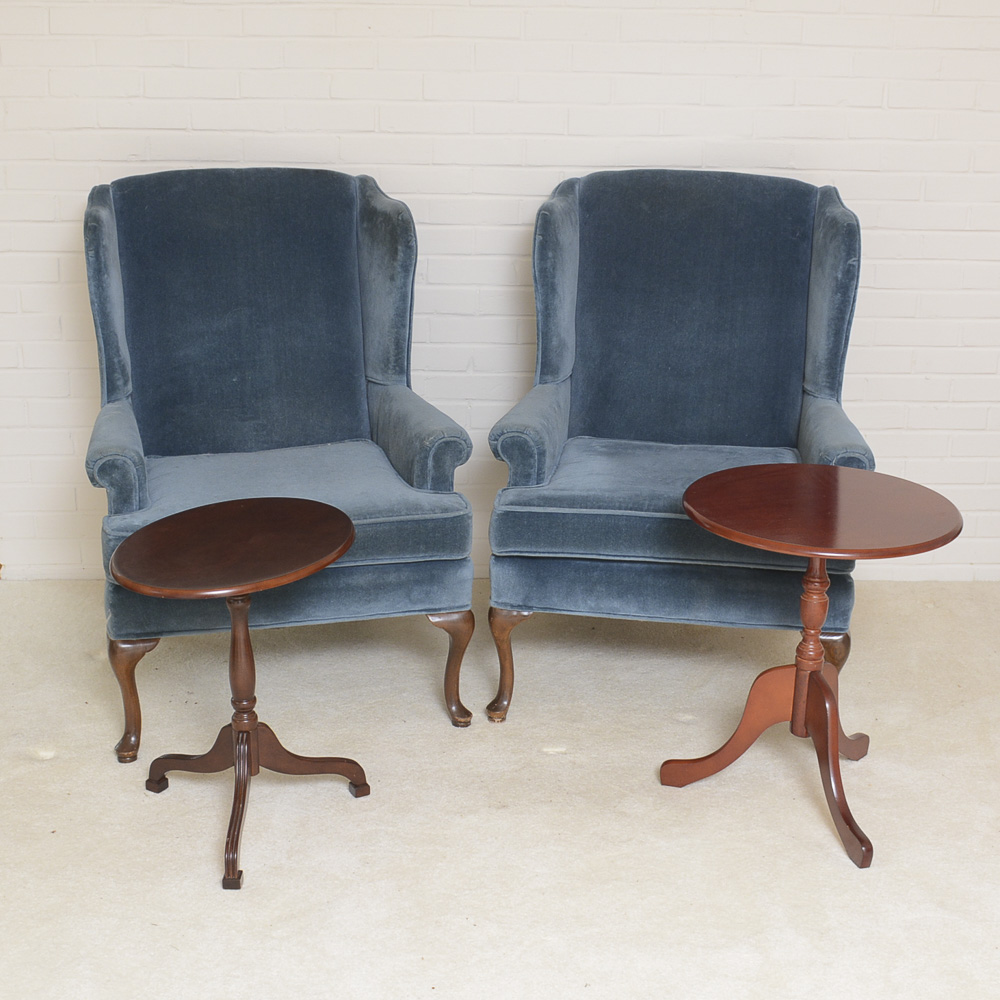 Blue Velour Wingback Chairs by Rowe and Accent Tables | EBTH