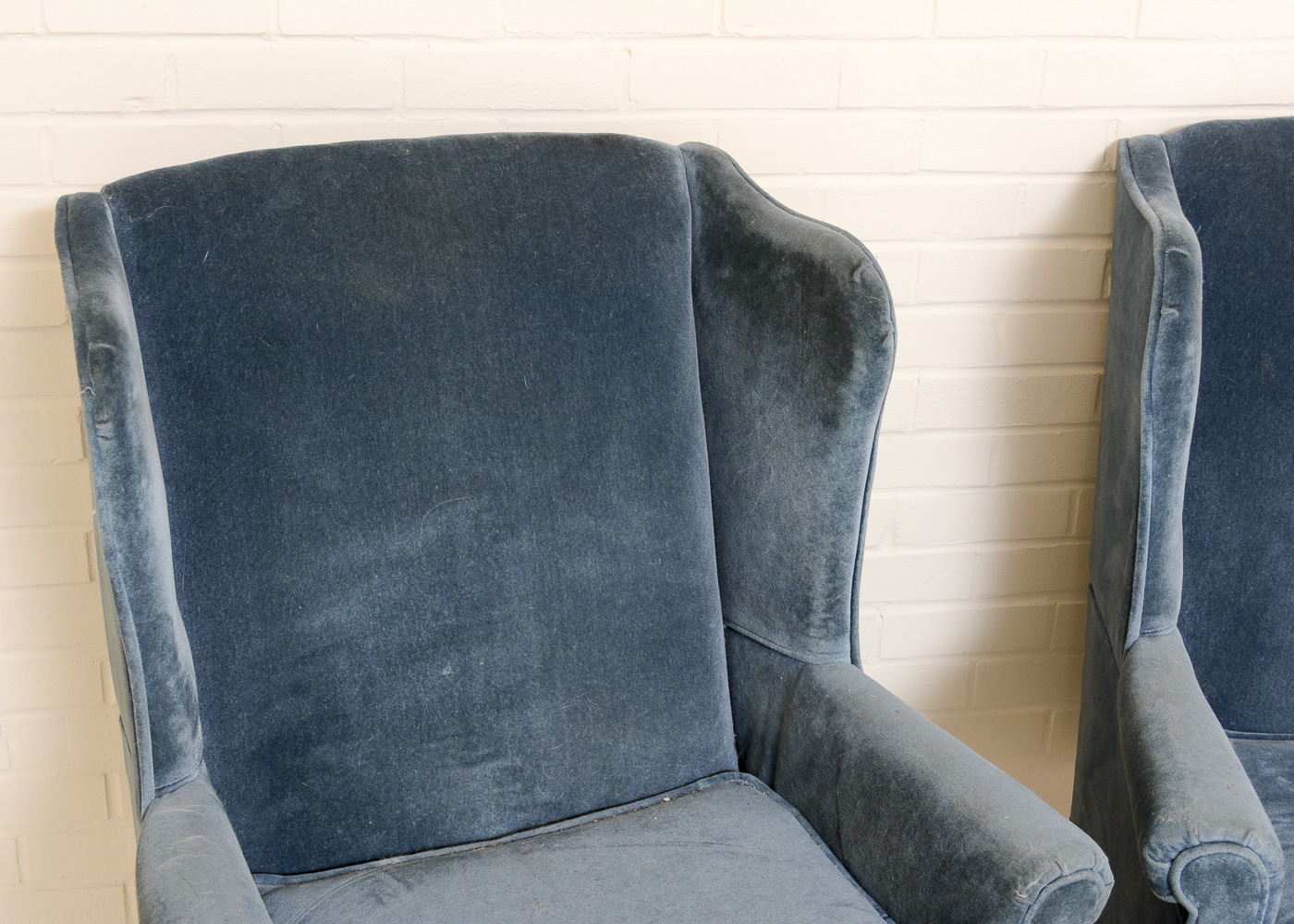 Blue Velour Wingback Chairs by Rowe and Accent Tables | EBTH