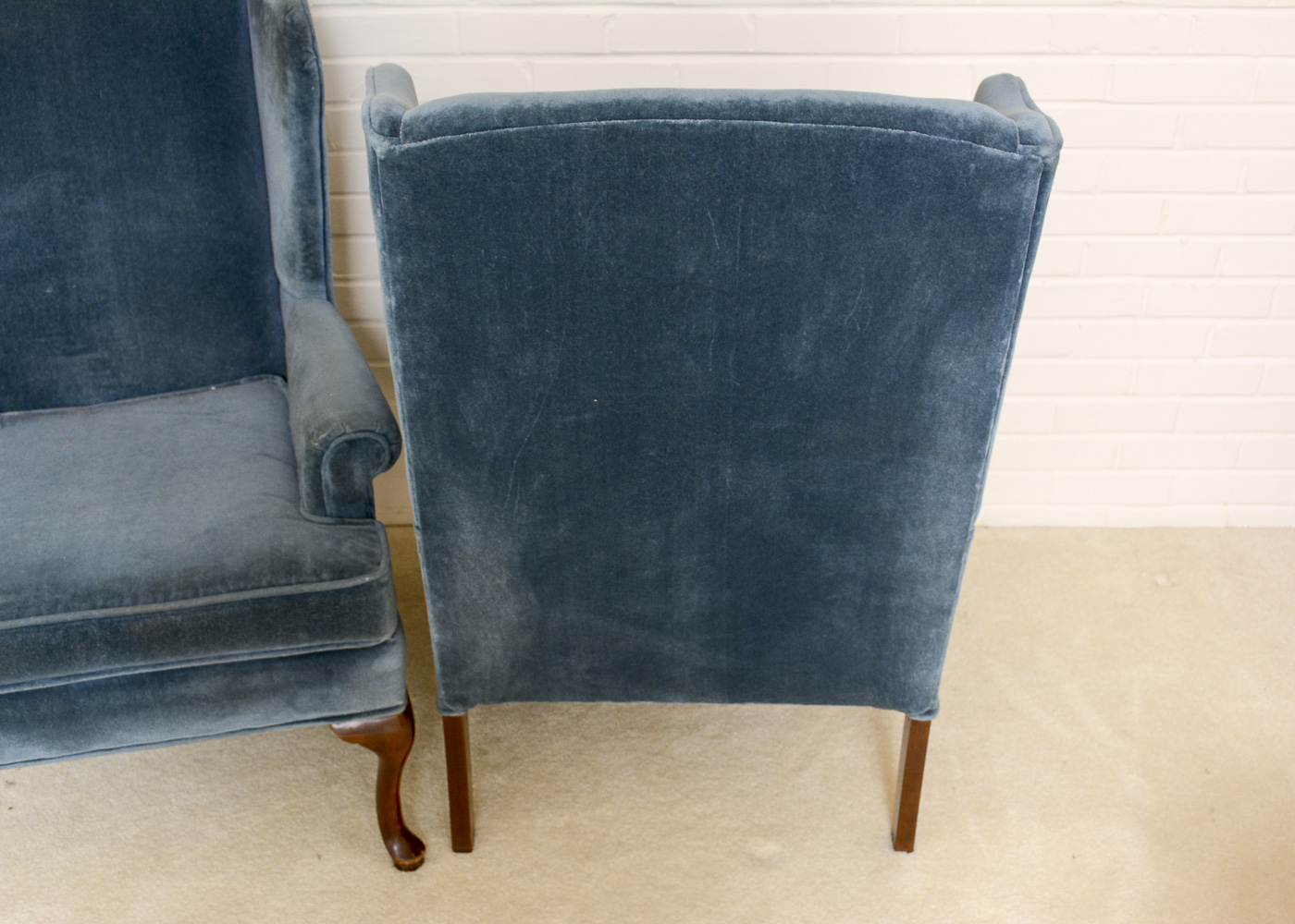 Blue Velour Wingback Chairs by Rowe and Accent Tables | EBTH
