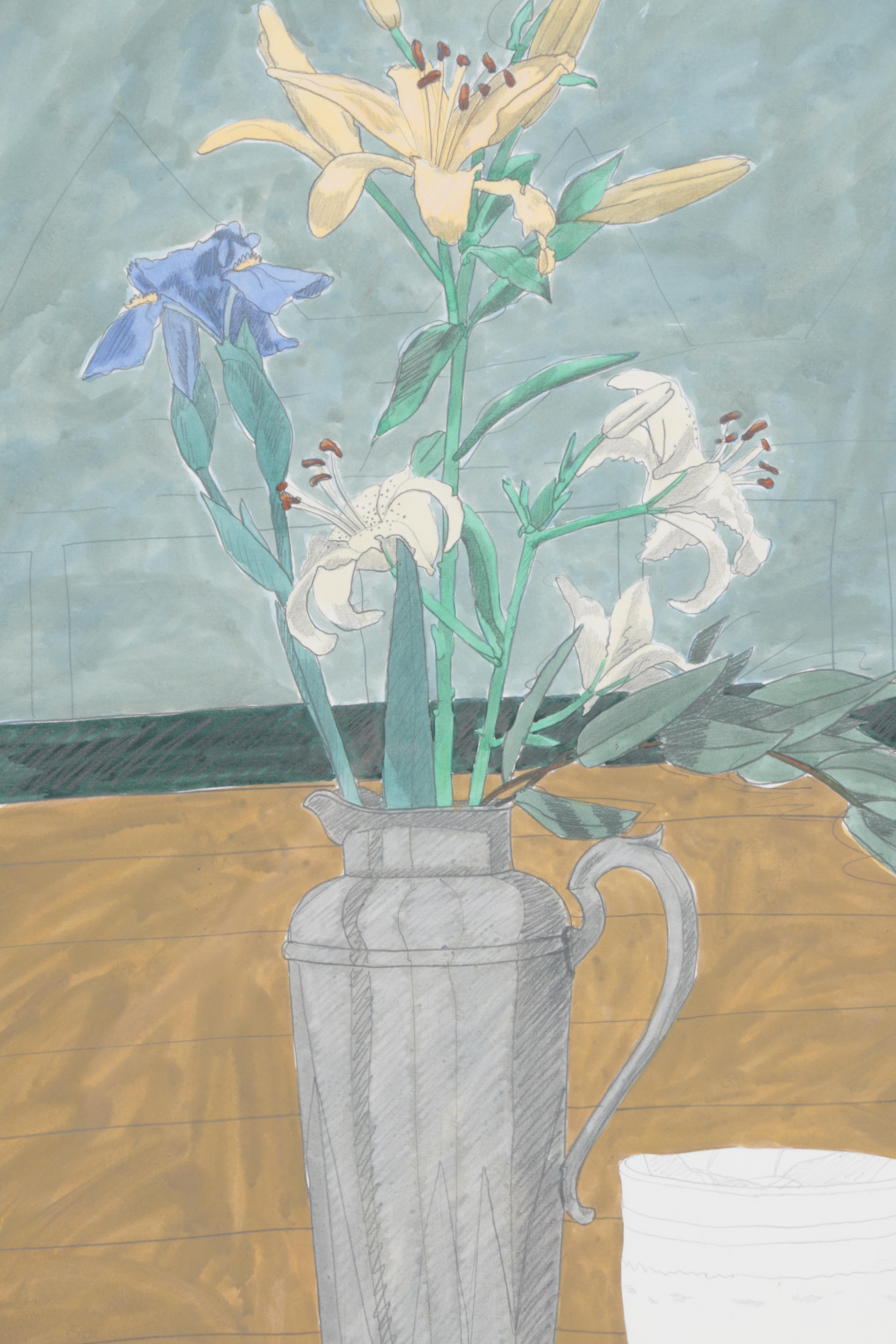 Kalick Watercolor and Ink Painting on Paper "Iris and Lilies" | EBTH