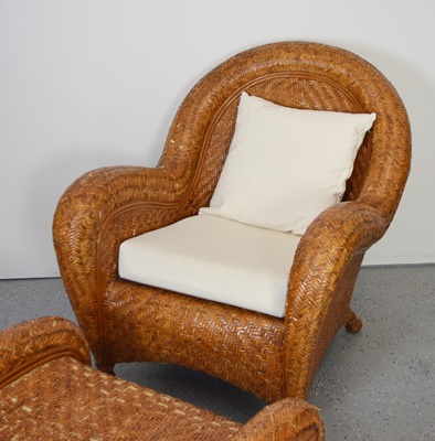 Pottery Barn Woven Rattan Chair and Ottoman | EBTH