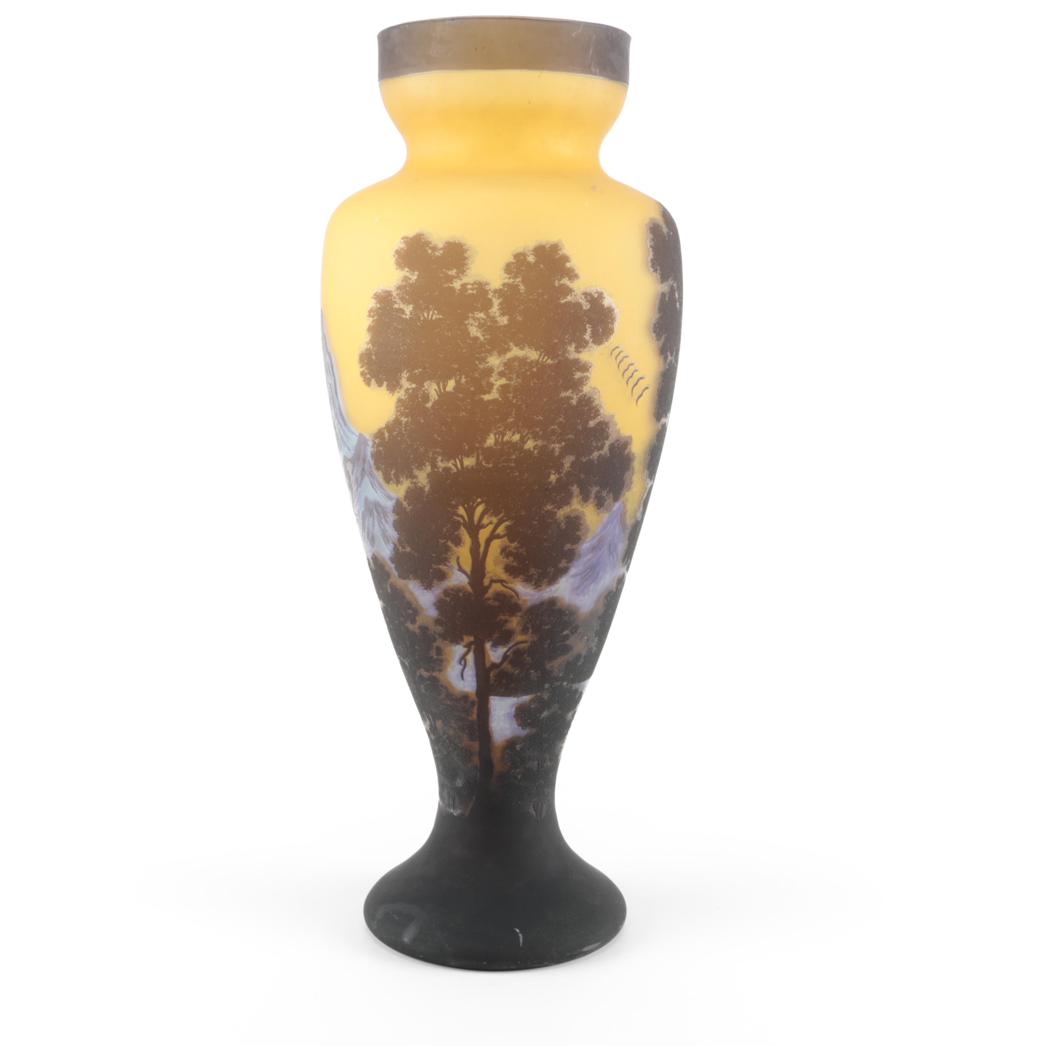 Contemporary Reproduction Gallé Mountain Scene Cameo Glass Vase | EBTH