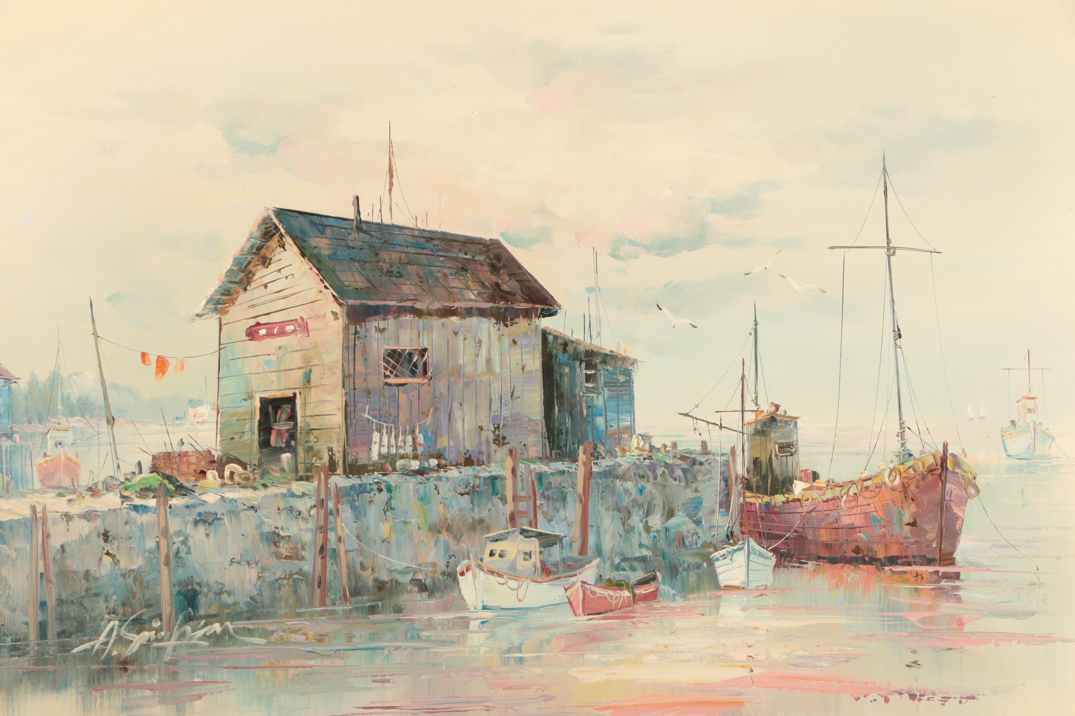 A. Simpson Oil Painting of Harbor | EBTH
