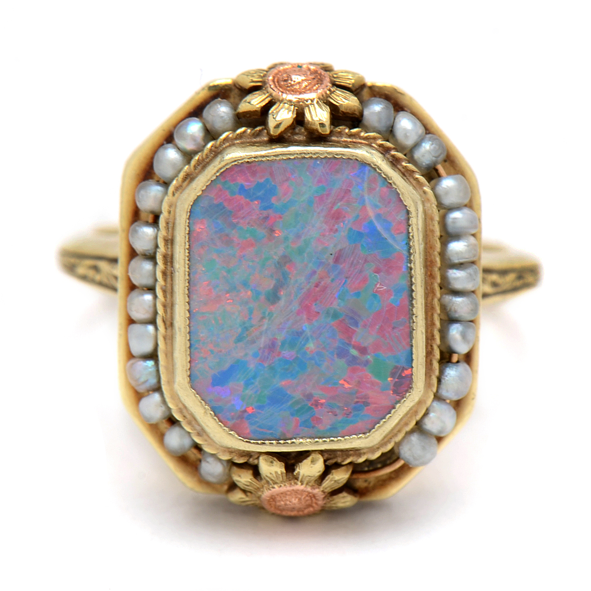 Victorian Revival 14K Yellow Gold Opal Doublet and Seed Pearl Ring | EBTH