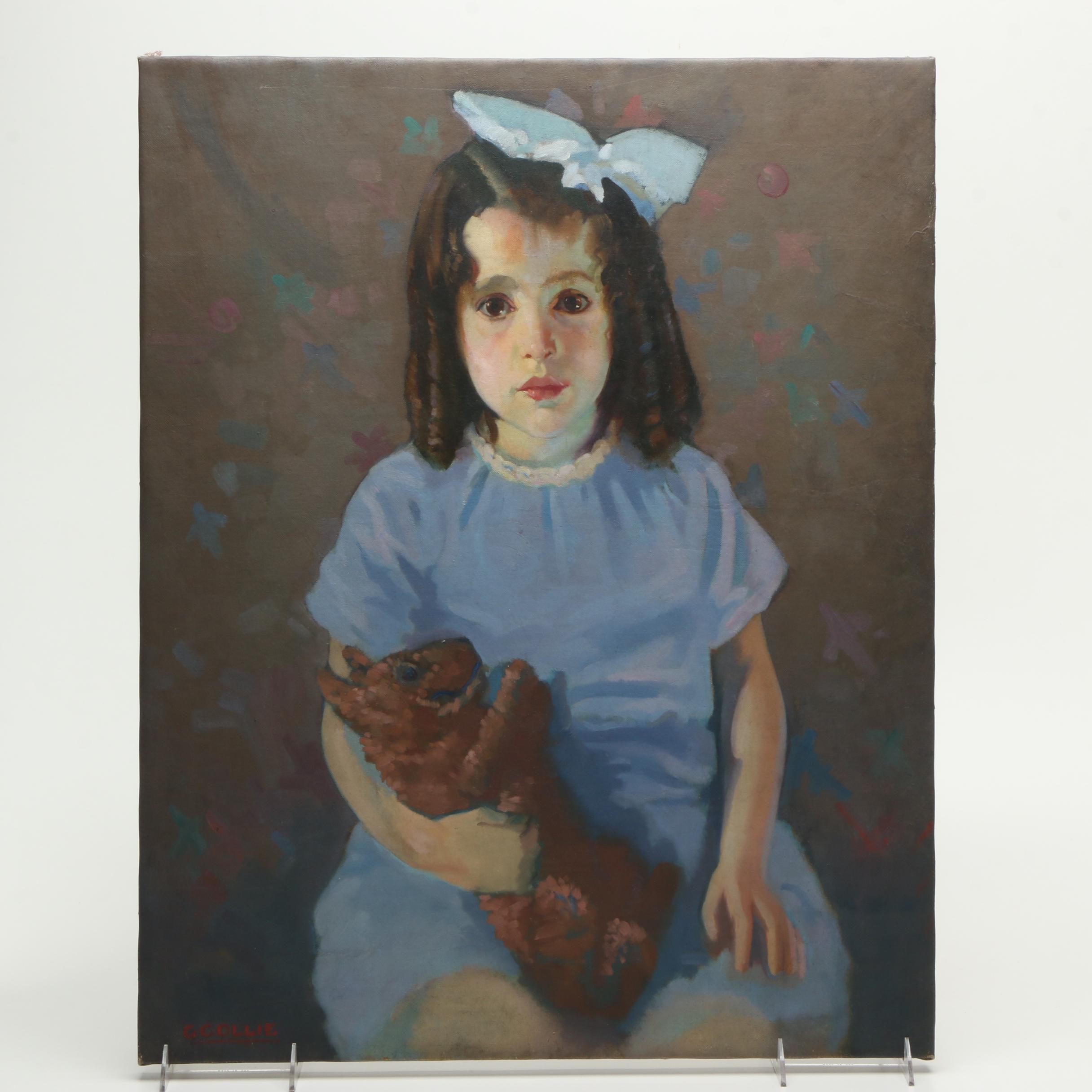 George Collie Oil Painting on Canvas "Girl With Stuffed Animal" | EBTH