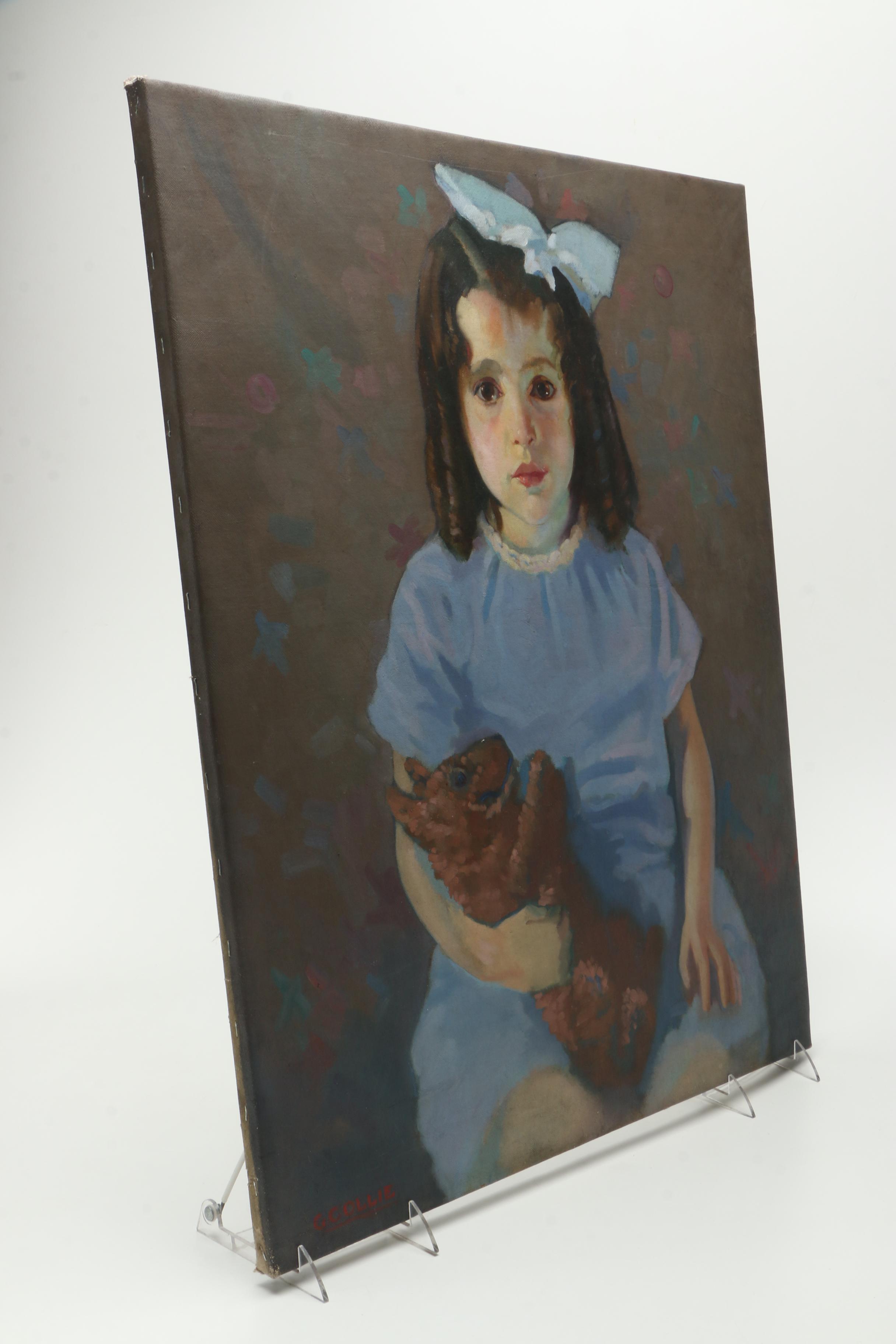 George Collie Oil Painting on Canvas "Girl With Stuffed Animal" | EBTH