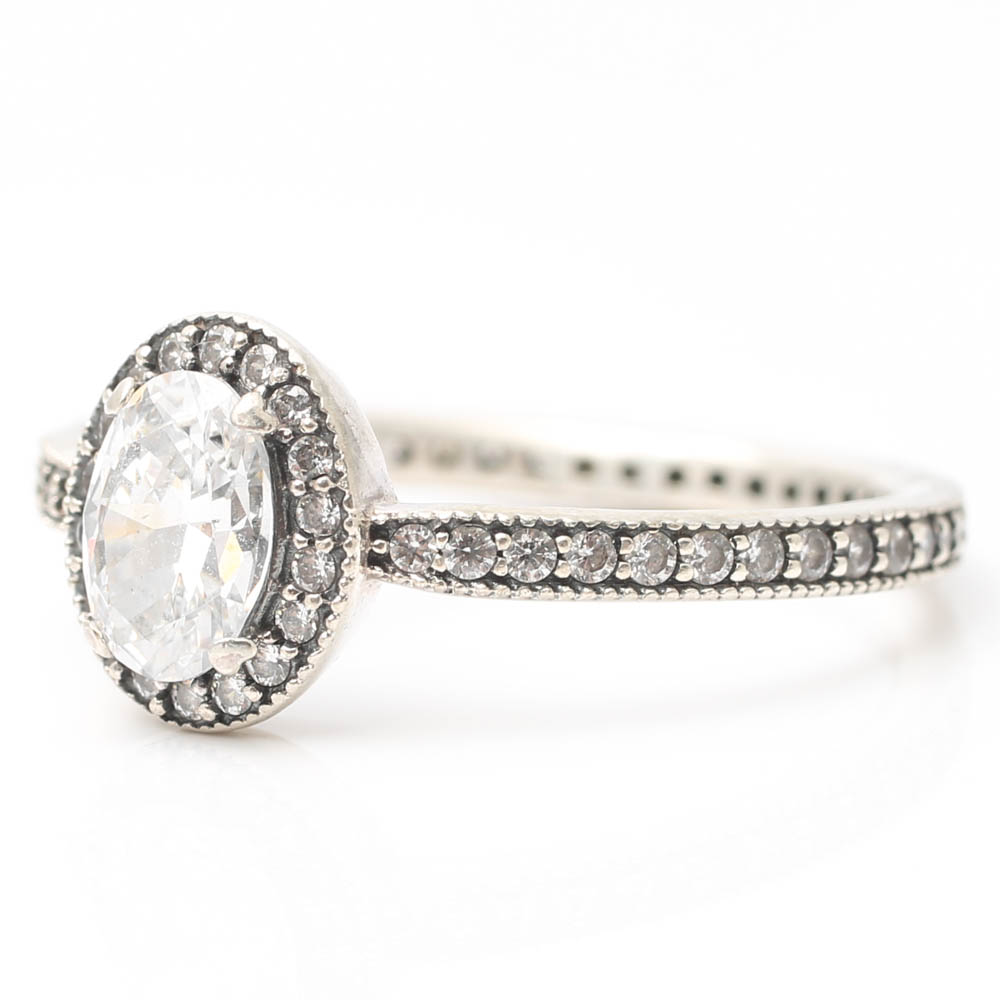 Pandora Sterling Silver Oval Cubic Zirconia Halo Ring | EBTH