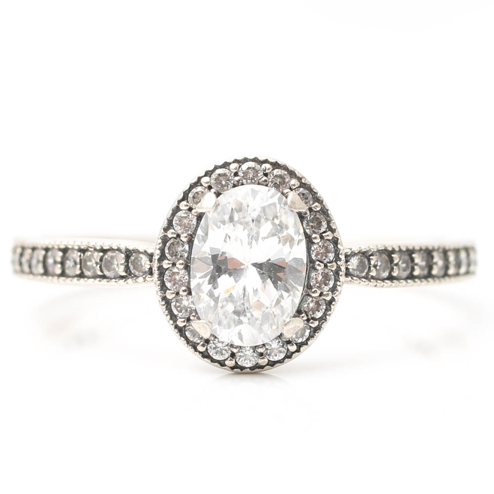 Pandora Sterling Silver Oval Cubic Zirconia Halo Ring | EBTH