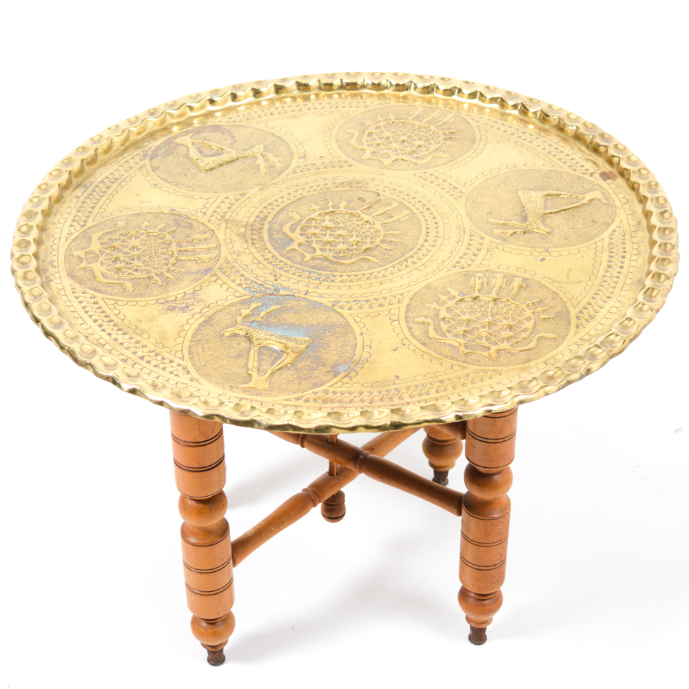 Vintage Turkish Brass and Wood Coffee Table | EBTH