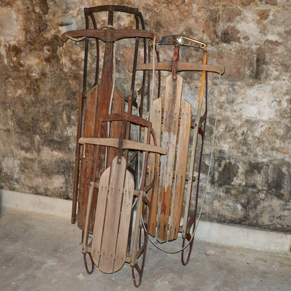 Three Vintage Sleds Including Flexible Fliyer Racer Wood and Metal Sled ...