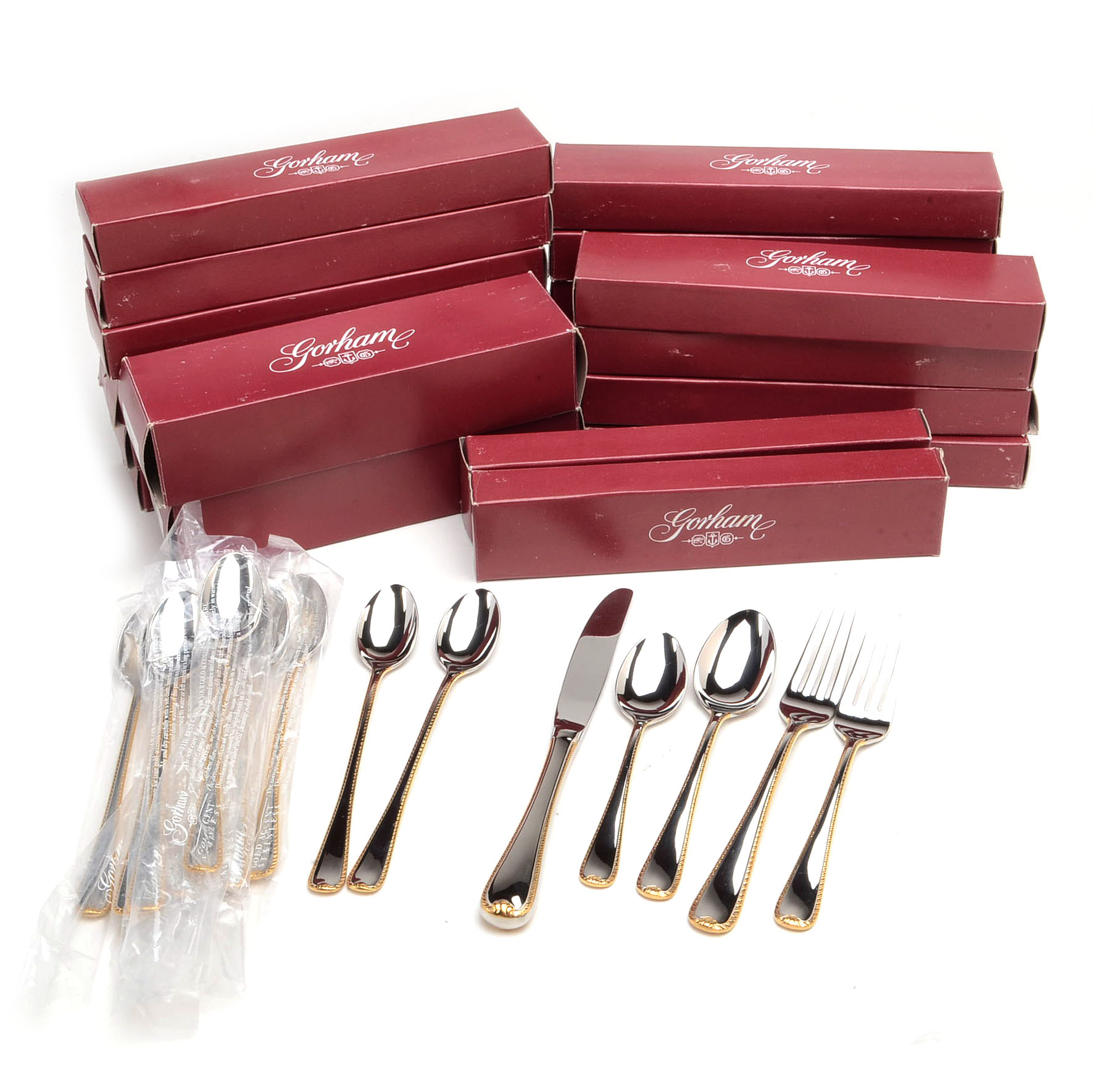 Contemporary Gorham Stainless Flatware with Gold Accent Edge | EBTH