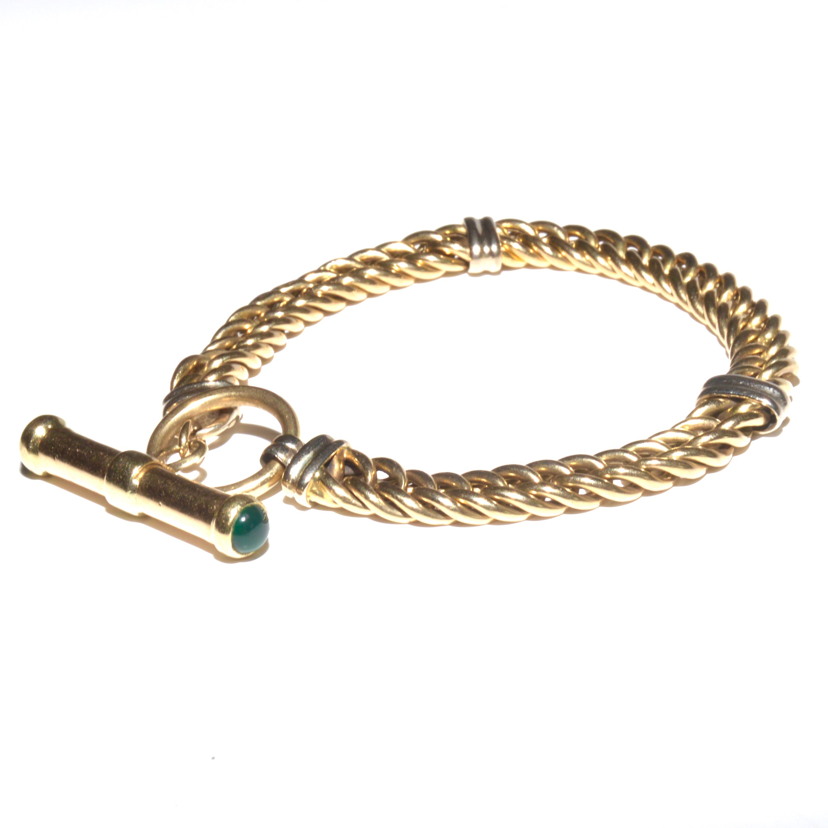 14K Yellow Gold Braided Bracelet with a Dyed Chalcedony Decorated Clasp ...
