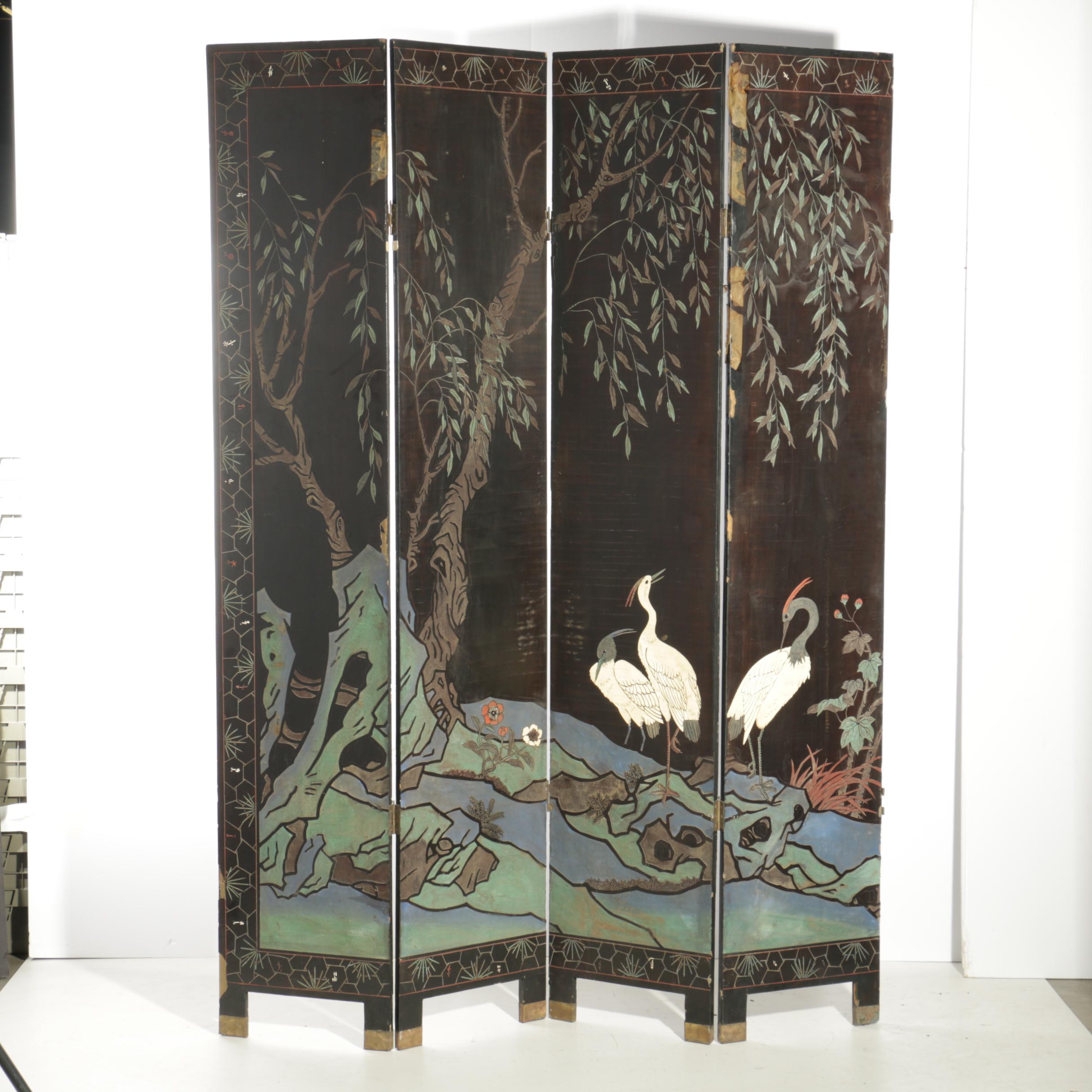 Asian Style Room Divider with Painted Embellishments | EBTH