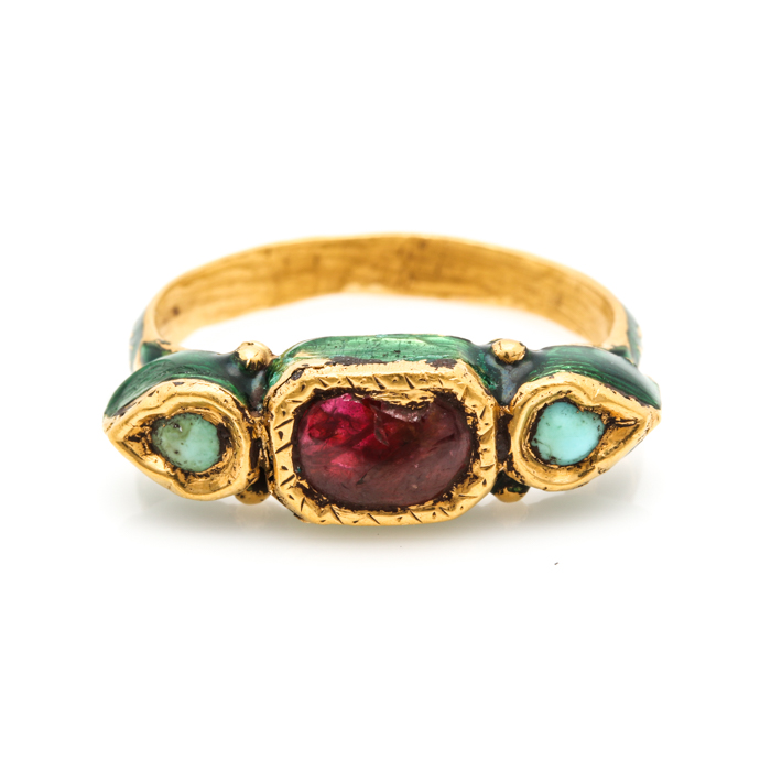 14K Yellow Gold Ruby, Turquoise and Enamel Ring | EBTH
