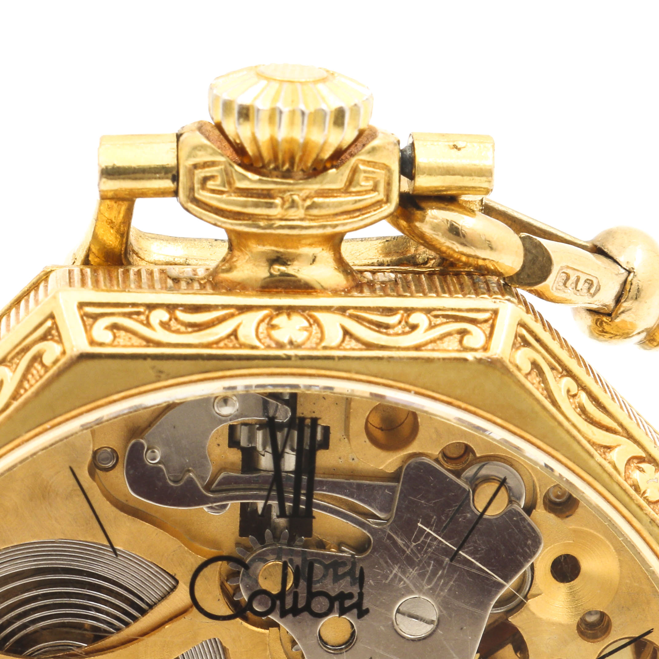 Colibri Gold Tone Skeleton Dial Pocket Watch With 12K Gold Filled Fob ...