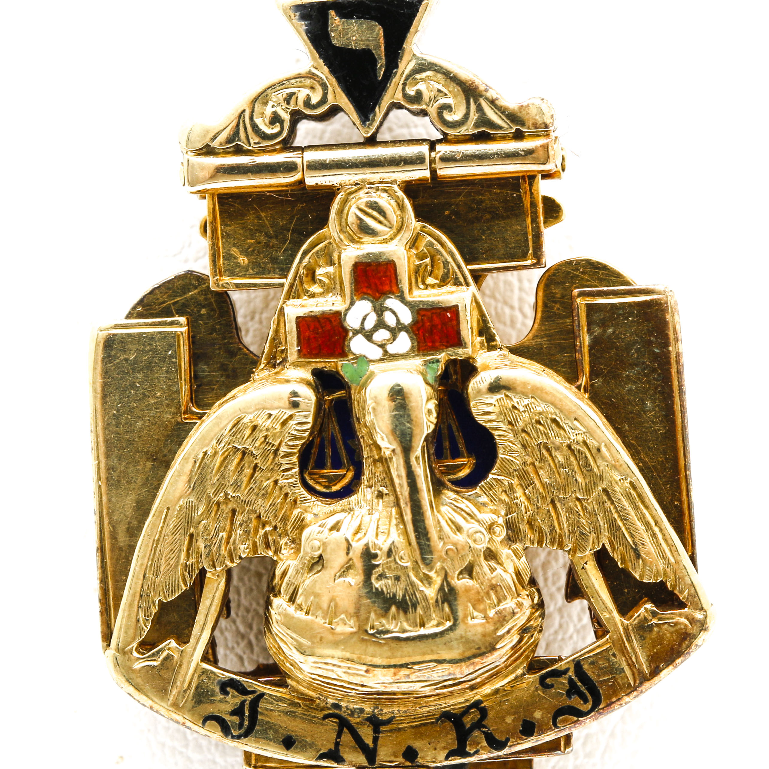 14K Yellow Gold INRI Tri-Fold Masonic 32nd Degree Scottish Rite Rose ...