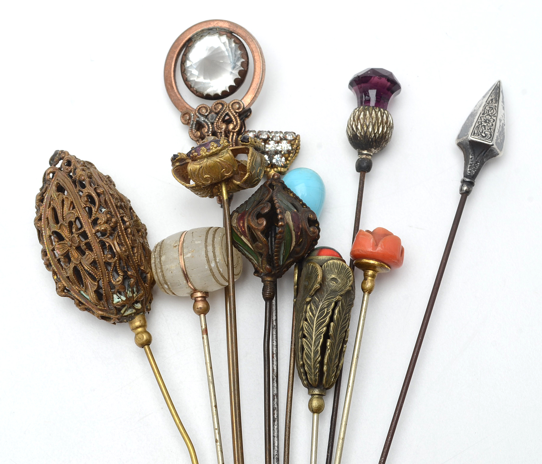 Assortment of Victorian Hat Pins Including Sterling Silver and Carved ...