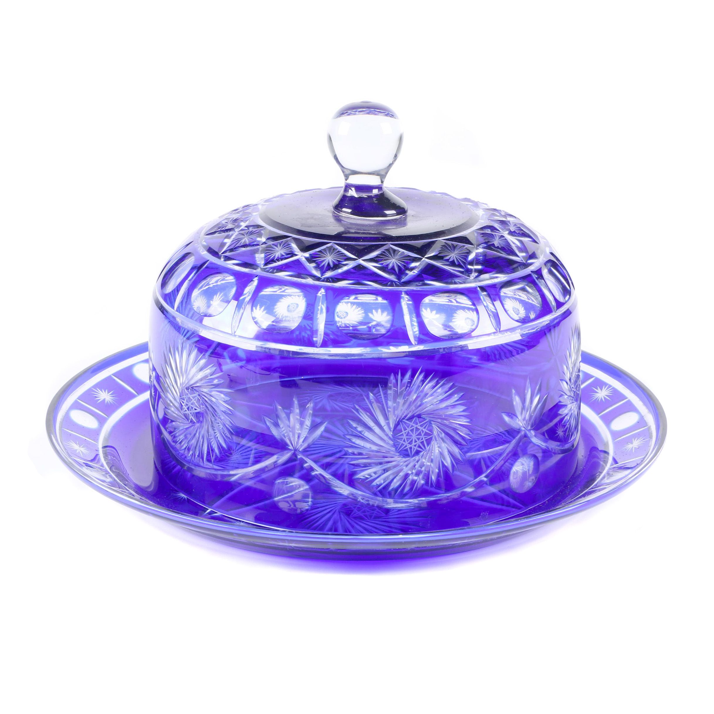 Crystal Cased Cobalt Blue Cut to Clear Cake Plate and Dome | EBTH