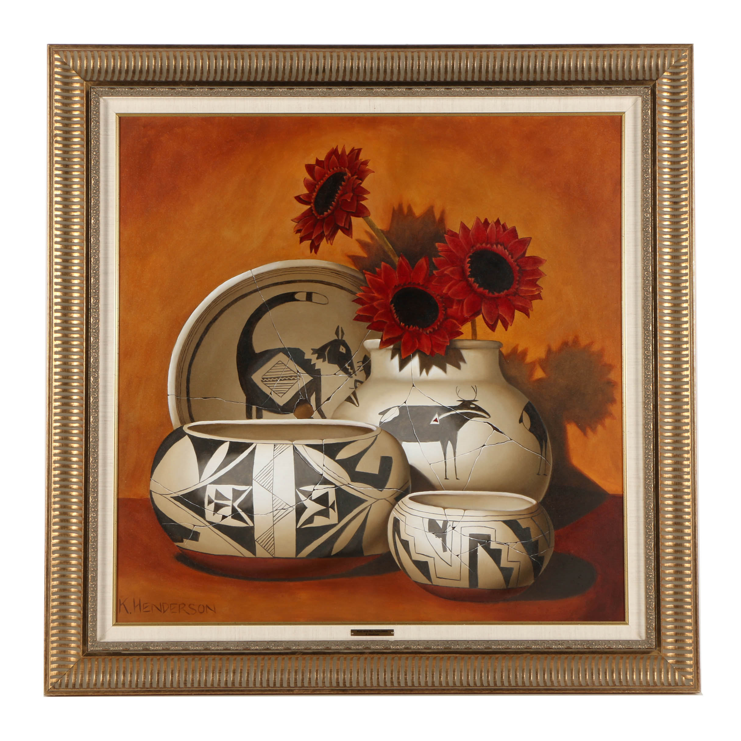 Kay Henderson Oil Painting on Canvas "Pots with Red Sunflowers" | EBTH