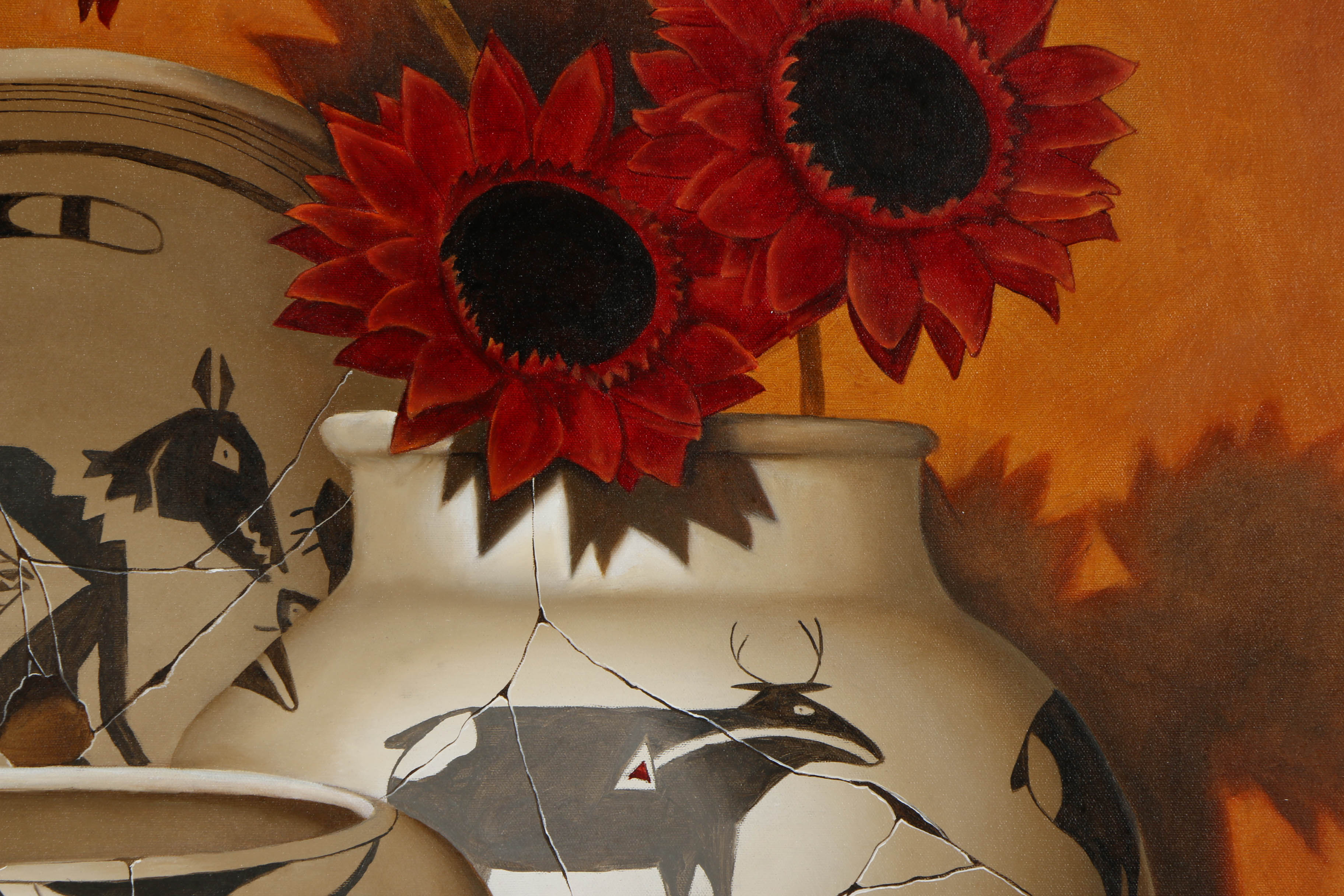 Kay Henderson Oil Painting on Canvas "Pots with Red Sunflowers" | EBTH
