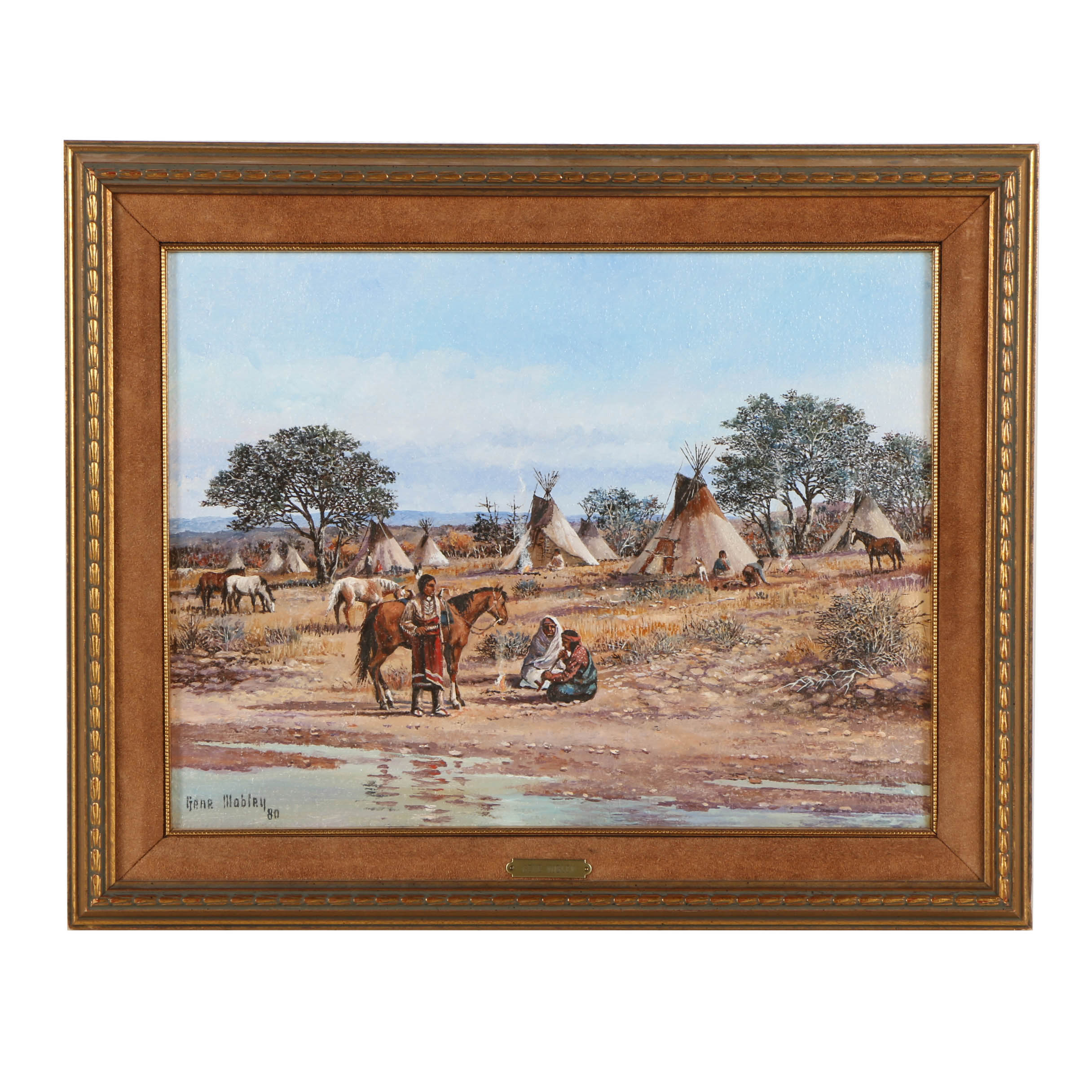 Gene Mobley Oil Painting on Burlap "Indians on Horses, Teepees" | EBTH