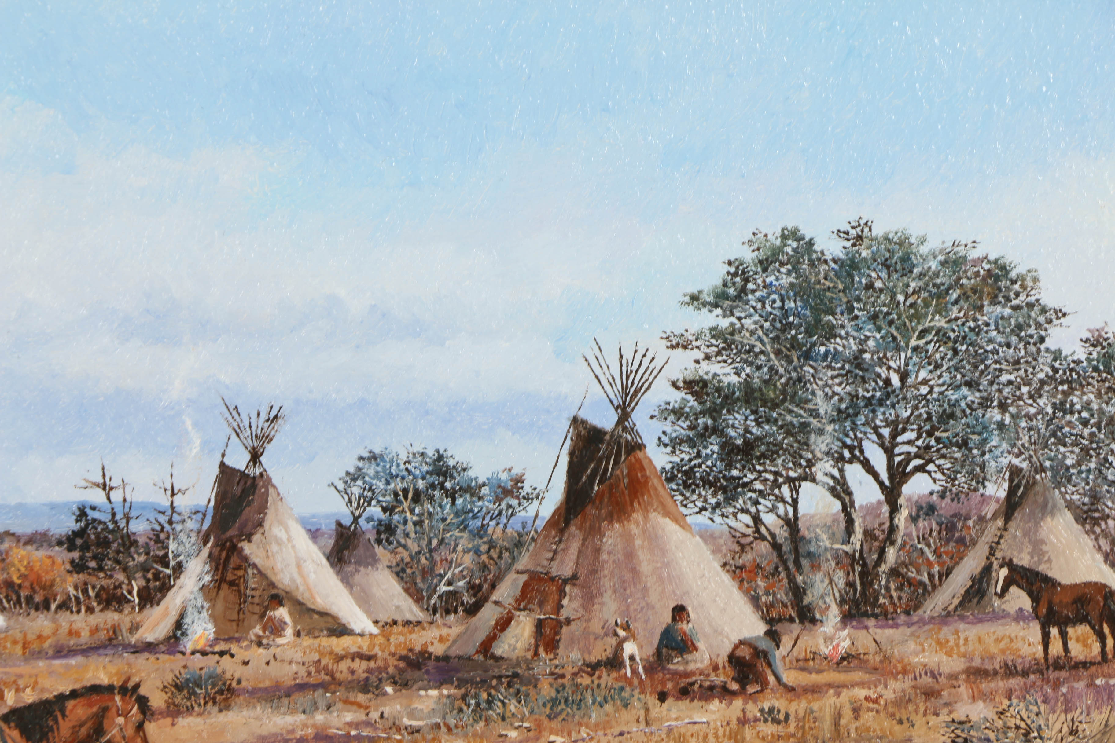 Gene Mobley Oil Painting on Burlap "Indians on Horses, Teepees" | EBTH