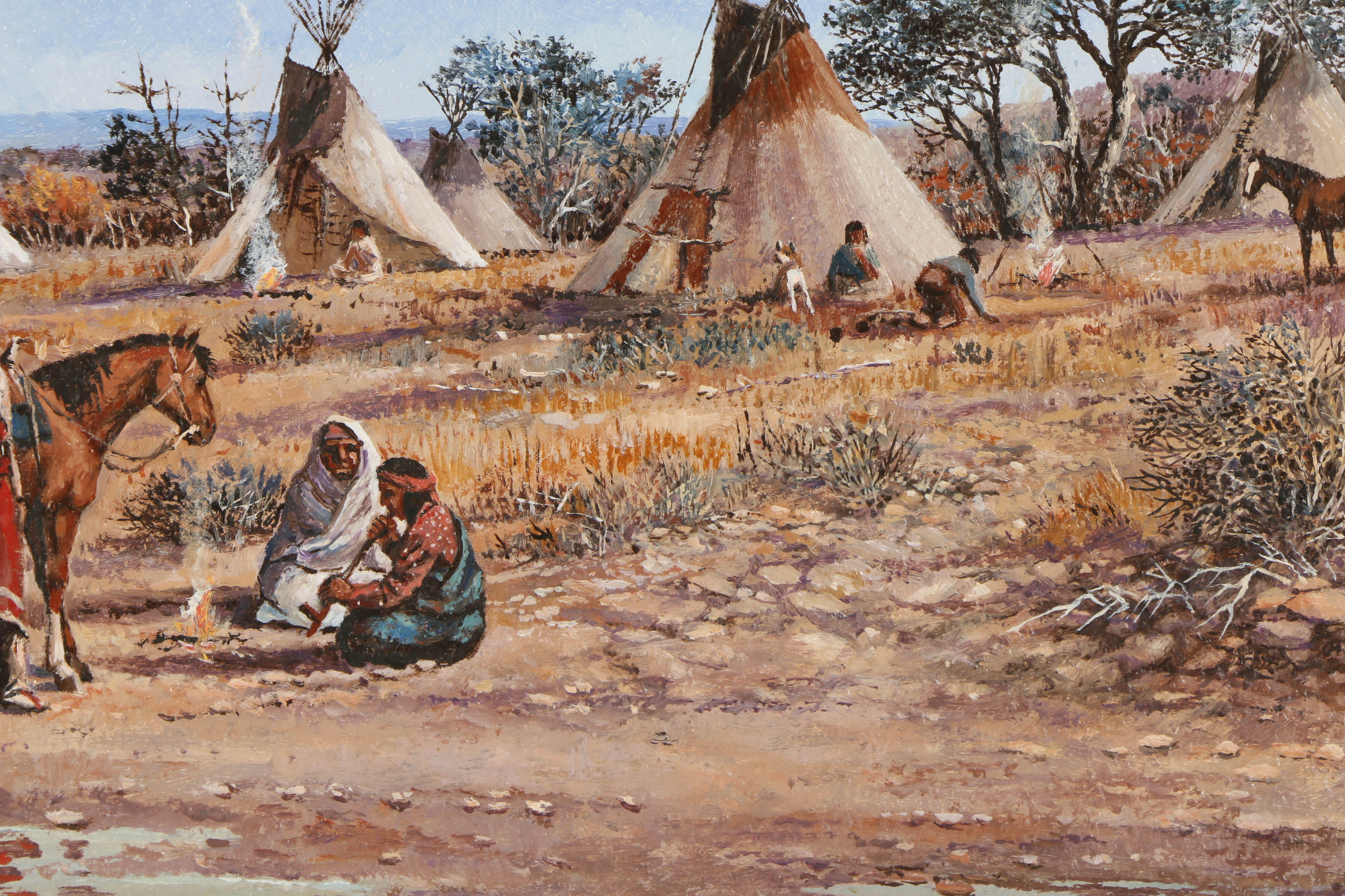 Gene Mobley Oil Painting on Burlap "Indians on Horses, Teepees" | EBTH