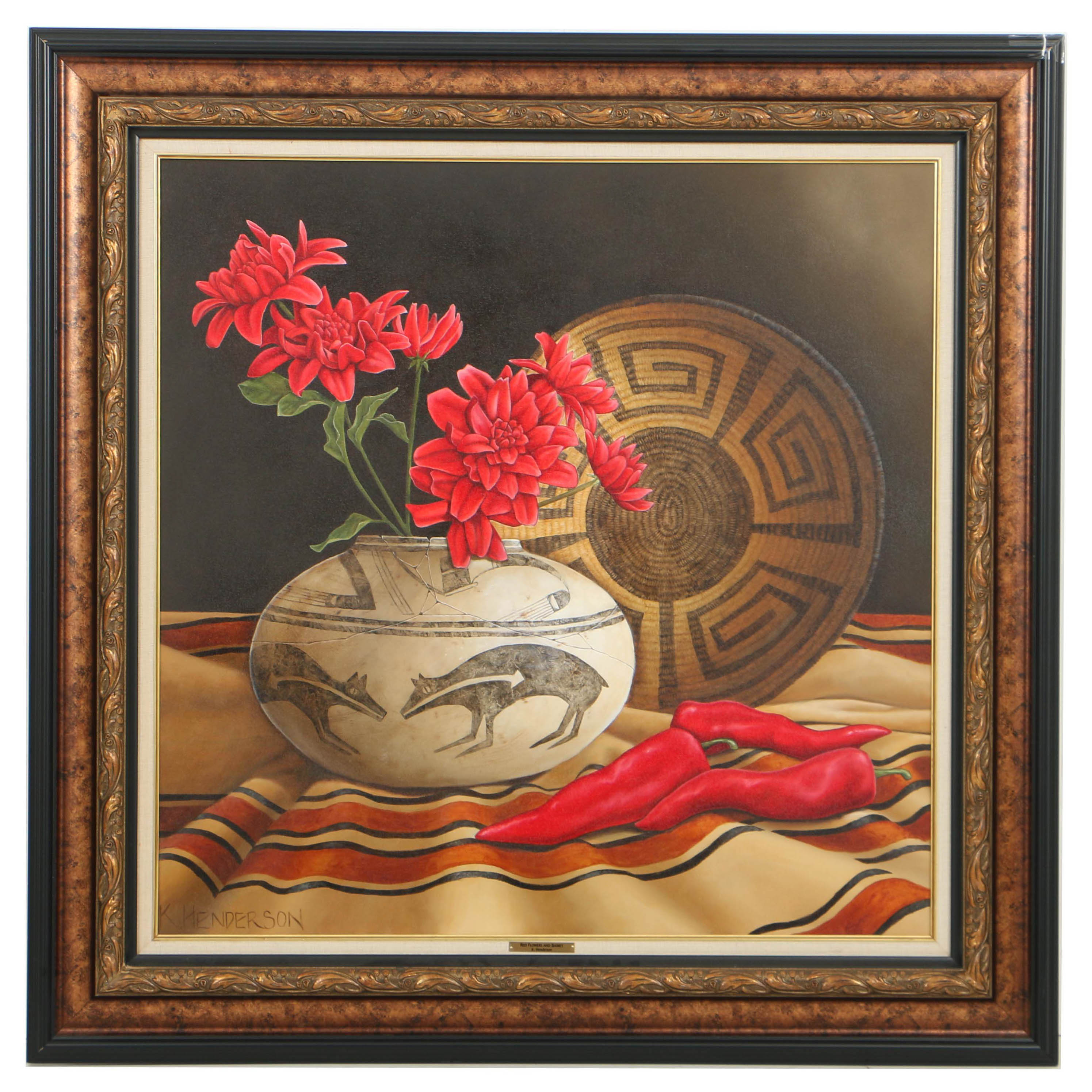 Kay Henderson Oil Painting on Canvas "Red Flowers and Basket" | EBTH