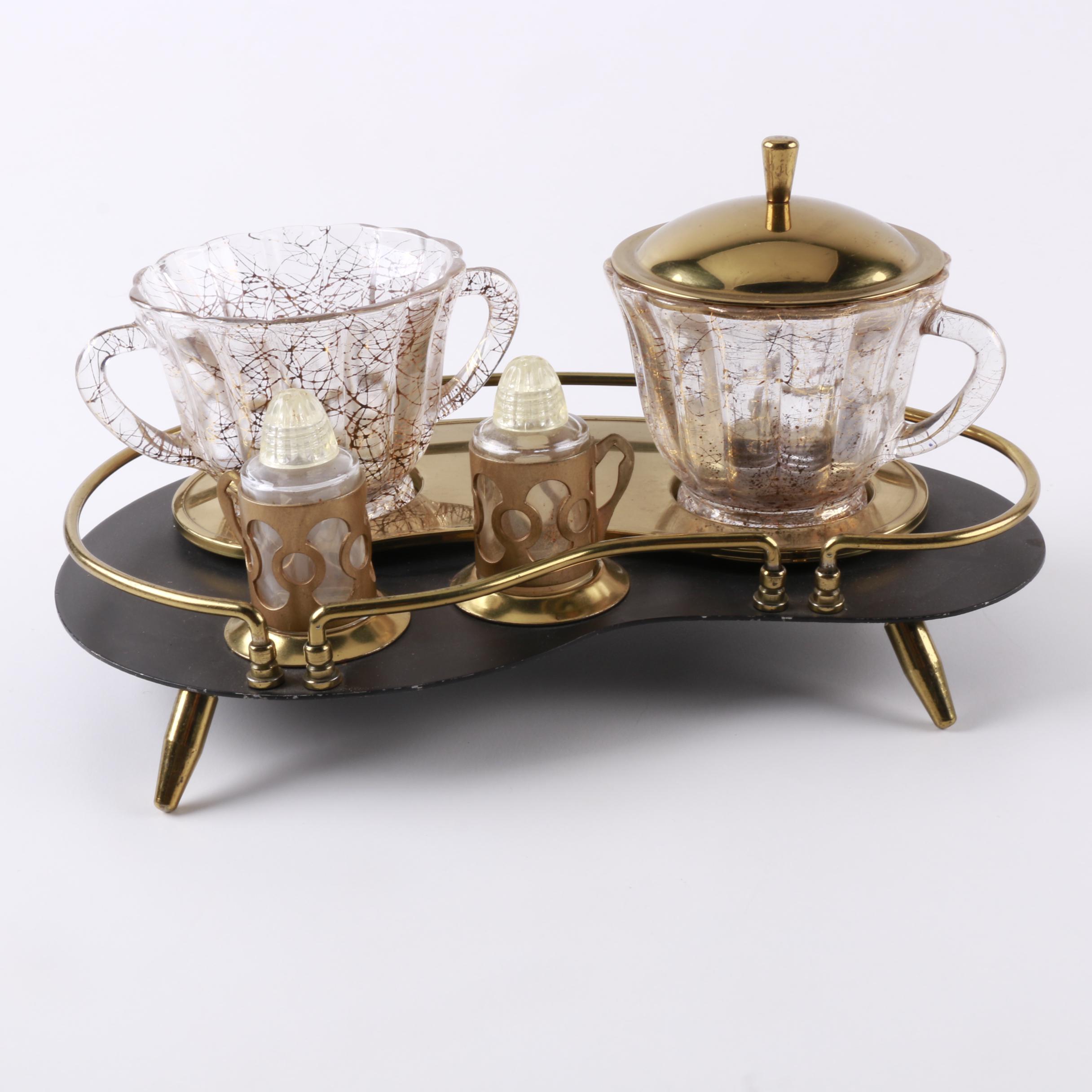 Mid Century Modern Glass and Brass Tone Condiment Set | EBTH