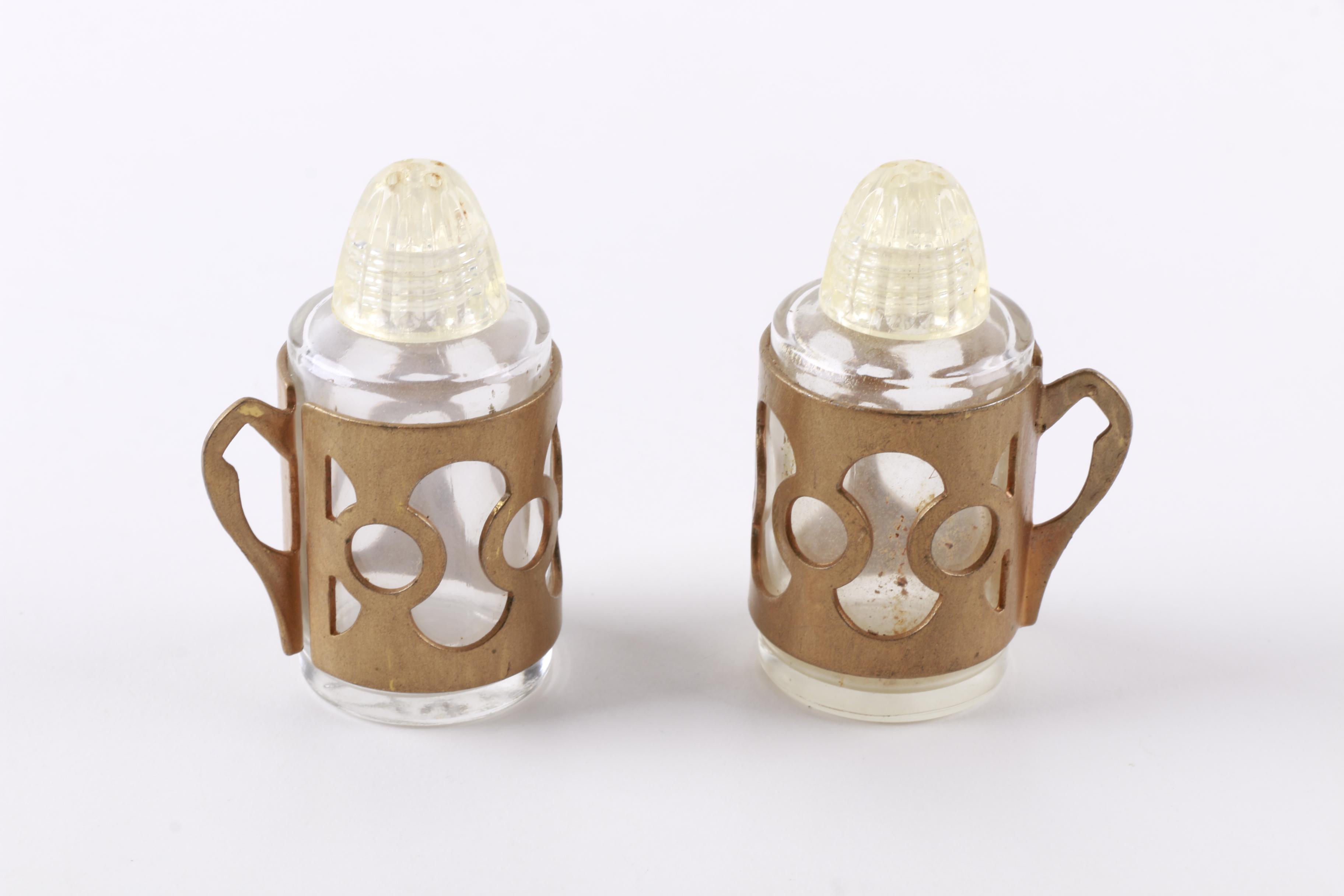 Mid Century Modern Glass and Brass Tone Condiment Set | EBTH