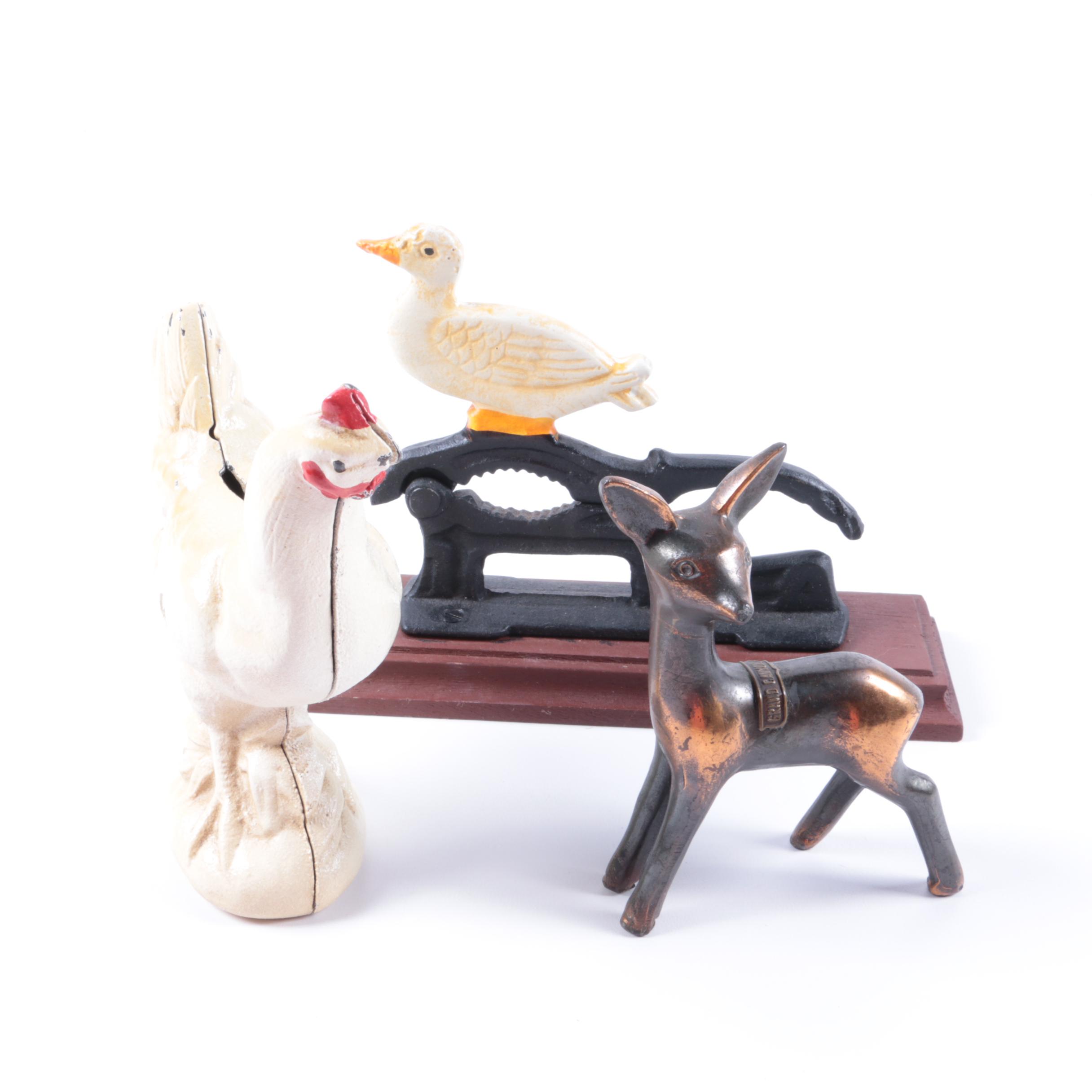Vintage Cast Iron Hubley Chicken Bank and Nutcracker | EBTH