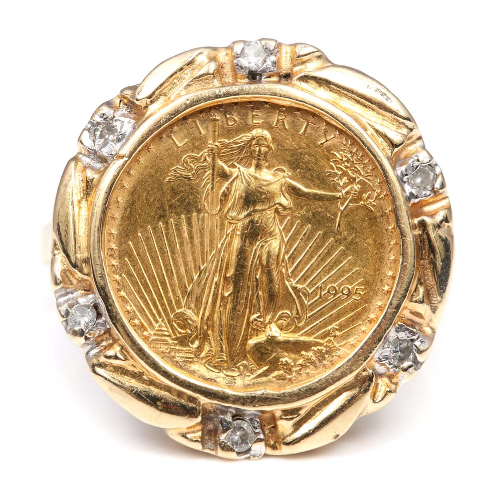 14K Yellow Gold and Diamond 1995 Liberty Coin Ring | EBTH