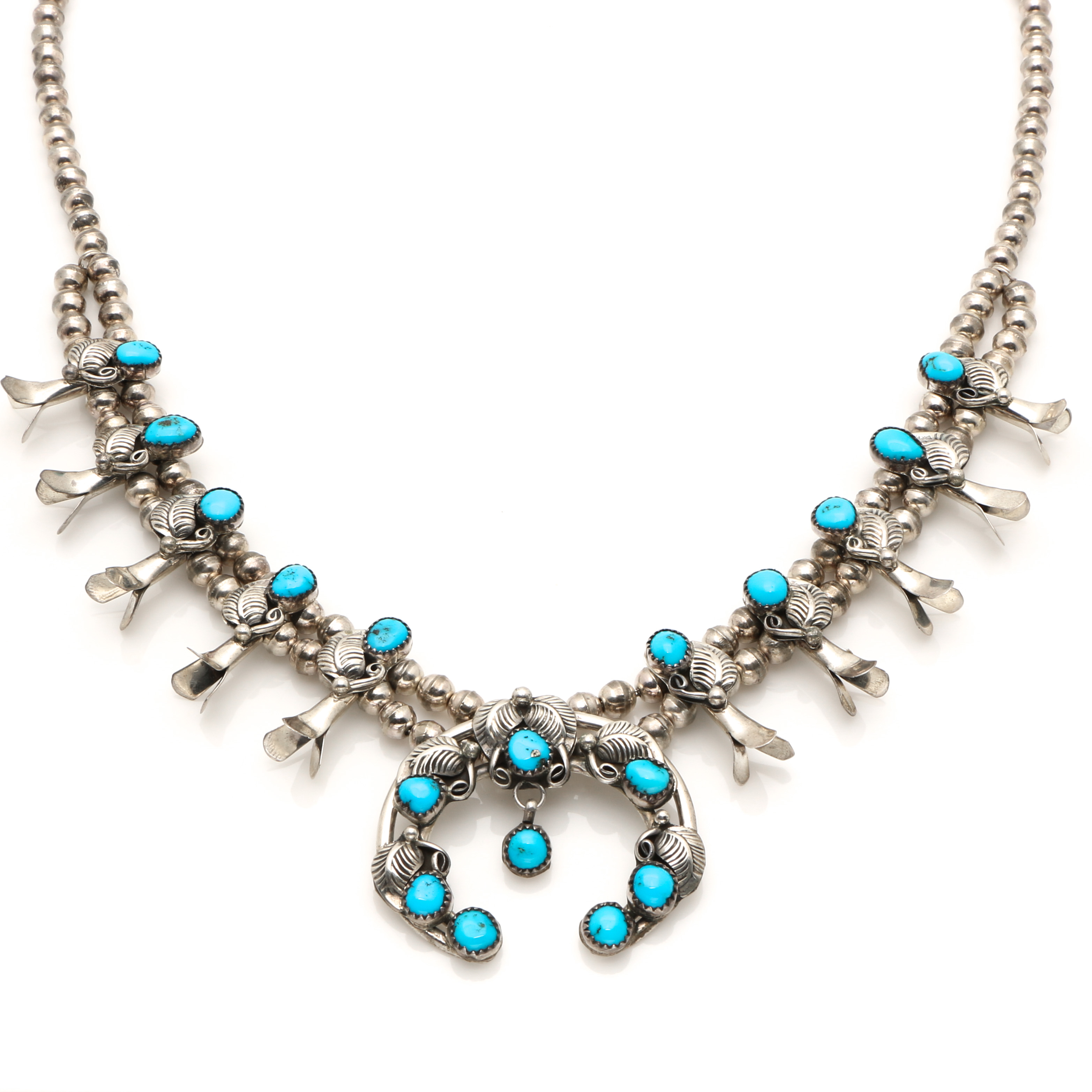 Wayne Etsitty Navajo Sterling Silver Turquoise Squash Blossom Necklace ...