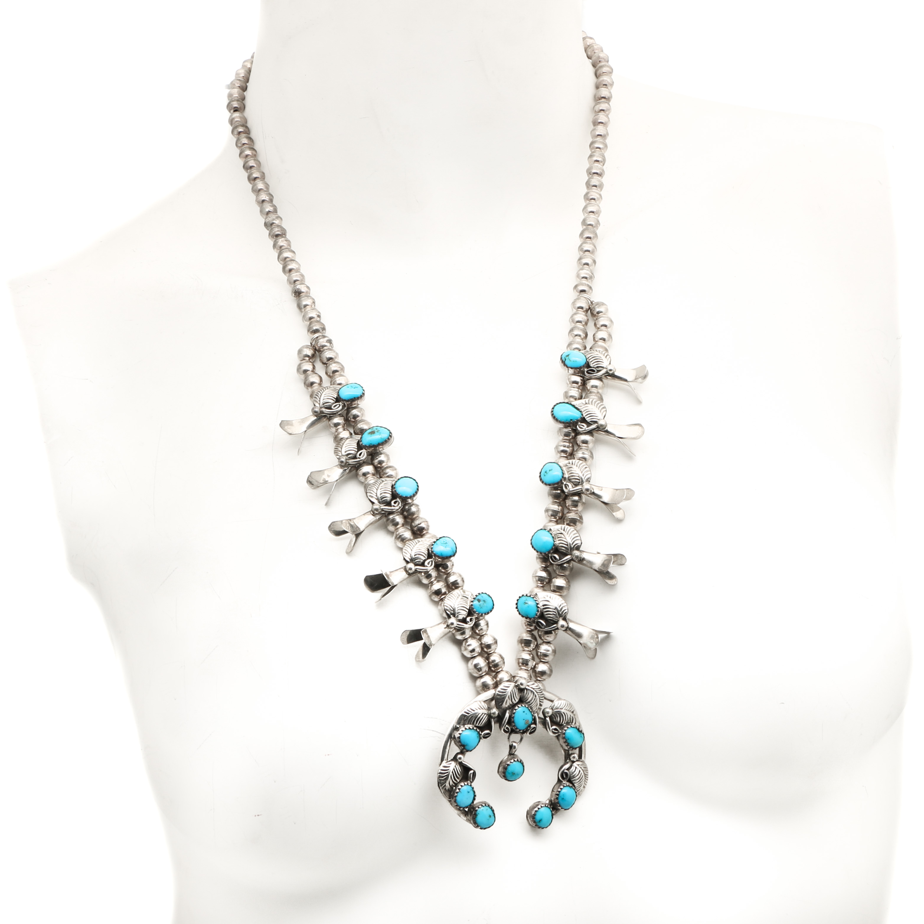 Wayne Etsitty Navajo Sterling Silver Turquoise Squash Blossom Necklace ...