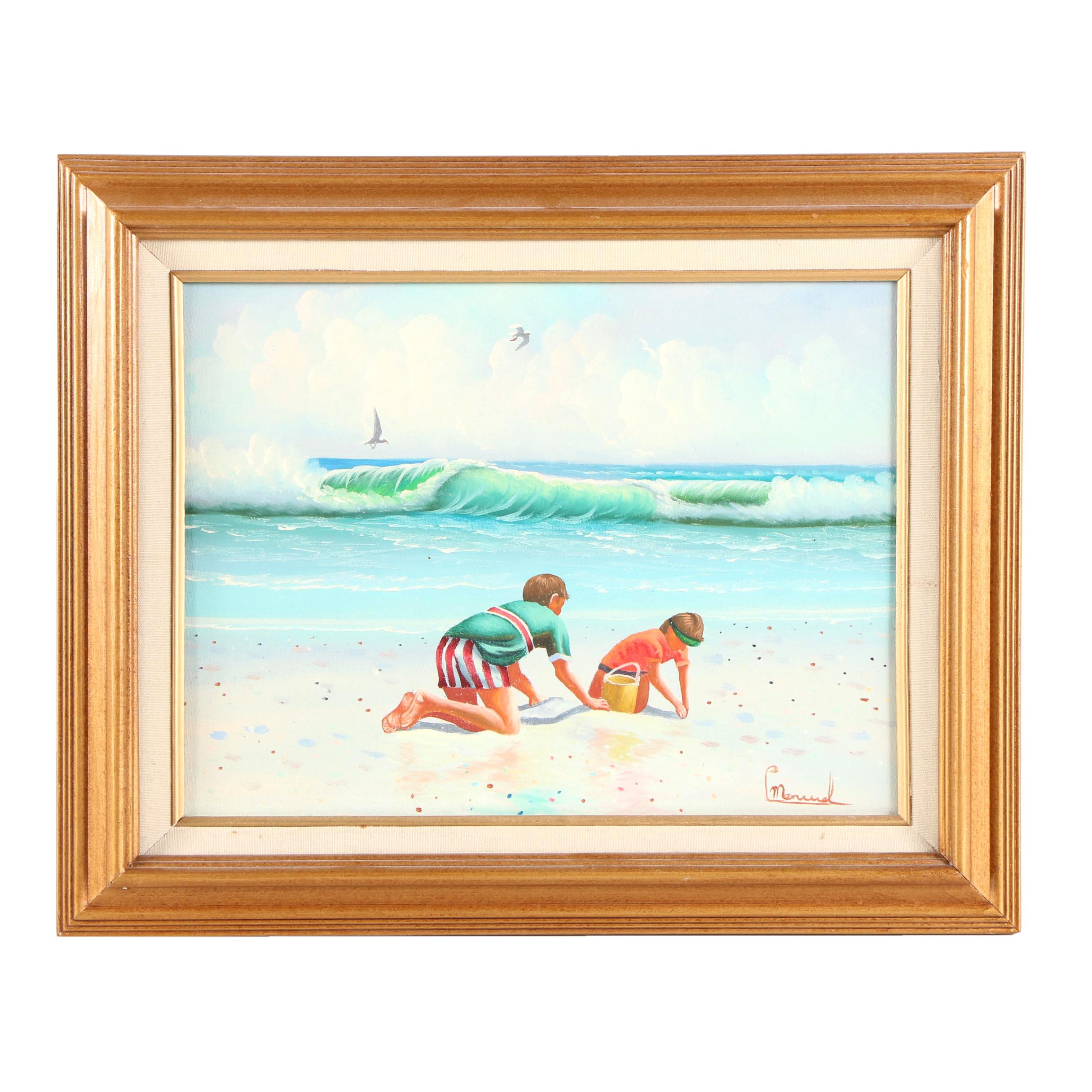 C. Manuel Oil Painting on Canvas of Children Playing at the Beach | EBTH
