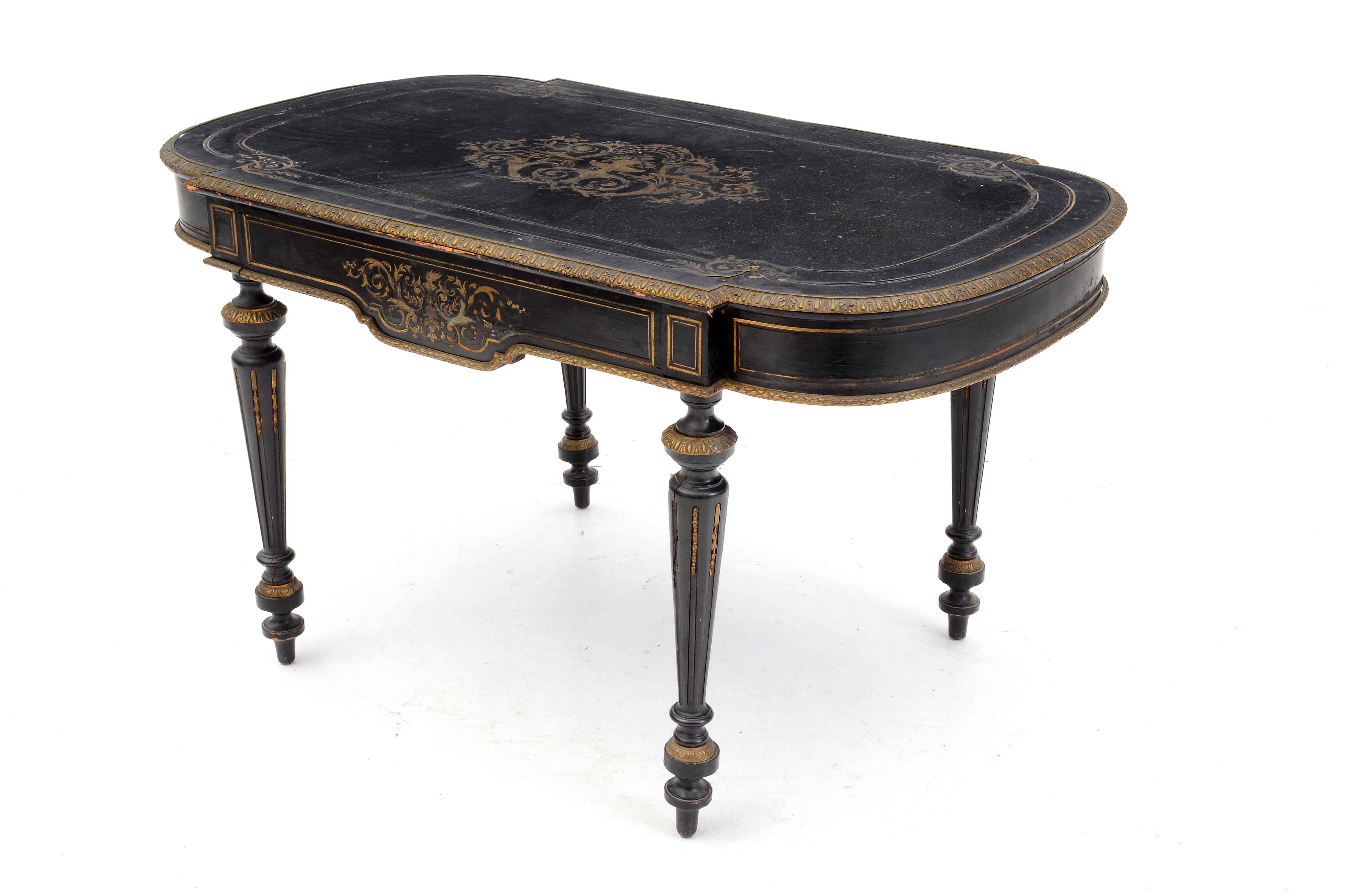Antique French Ebonized Library Table with Brass Inlay | EBTH