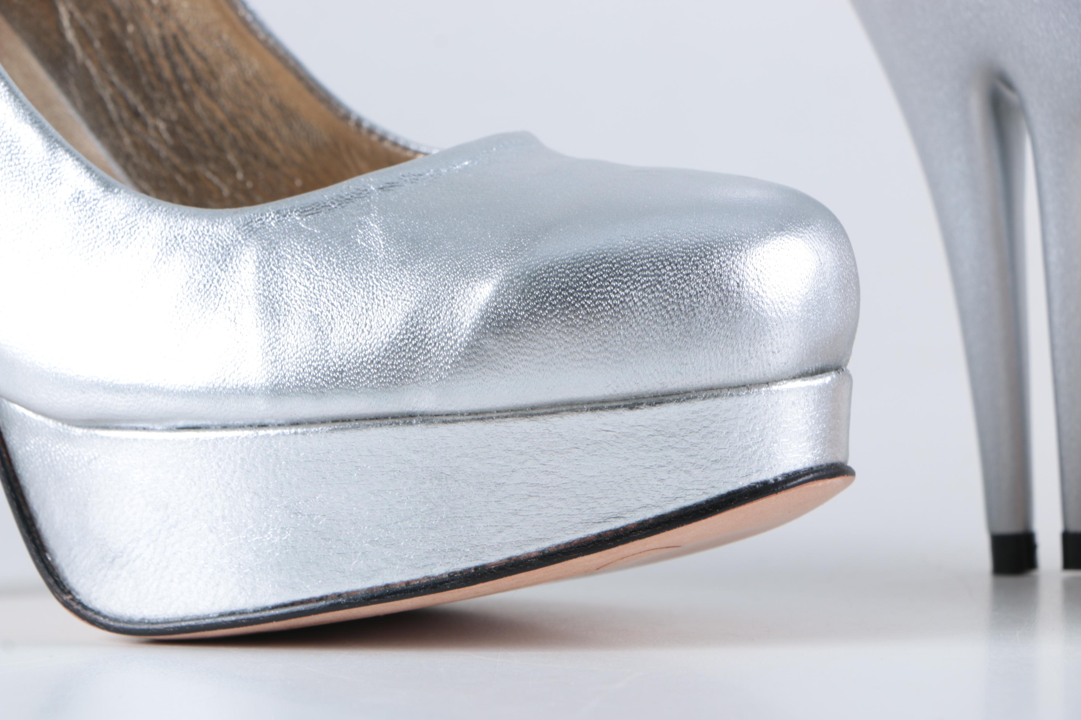 Christopher Coy Collection Prototype Heels in Metallic Silver Leather ...