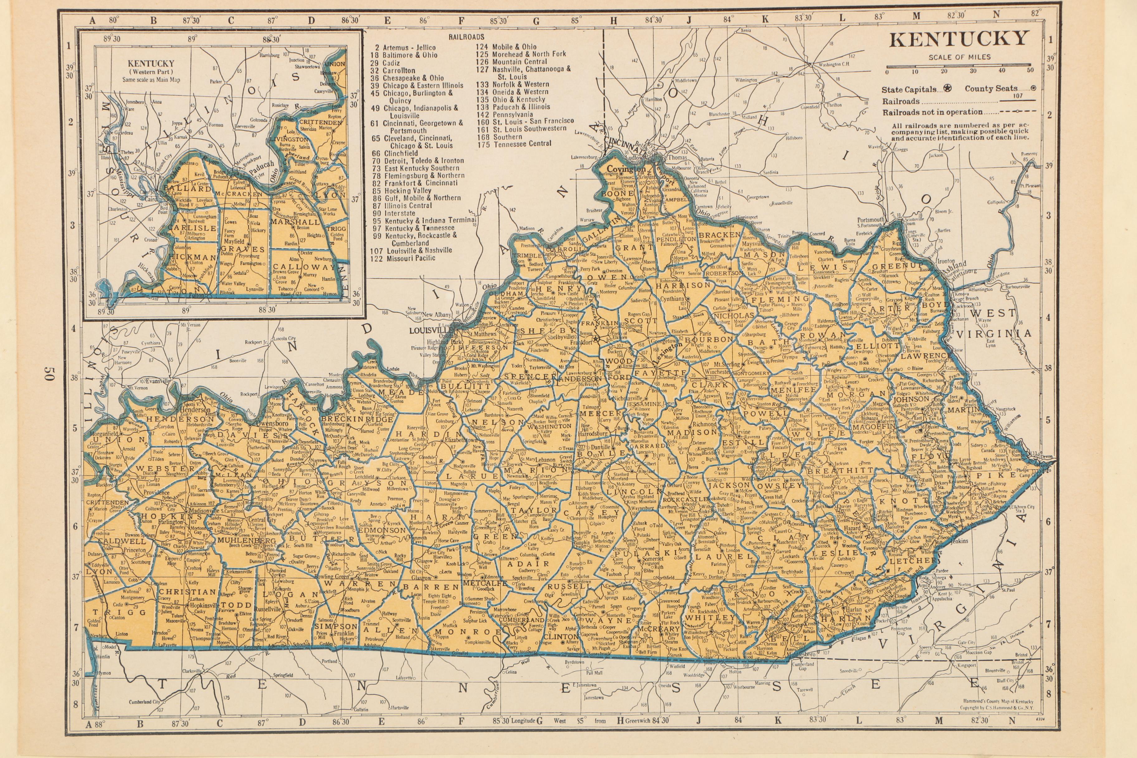 1939 Hammond's County Map of Kentucky Featuring the Railroads | EBTH