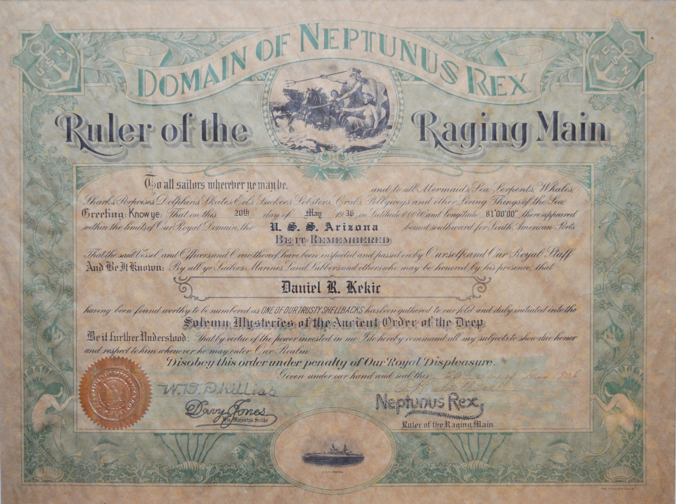 United States Navy USS Arizona Shellback Certificate | EBTH