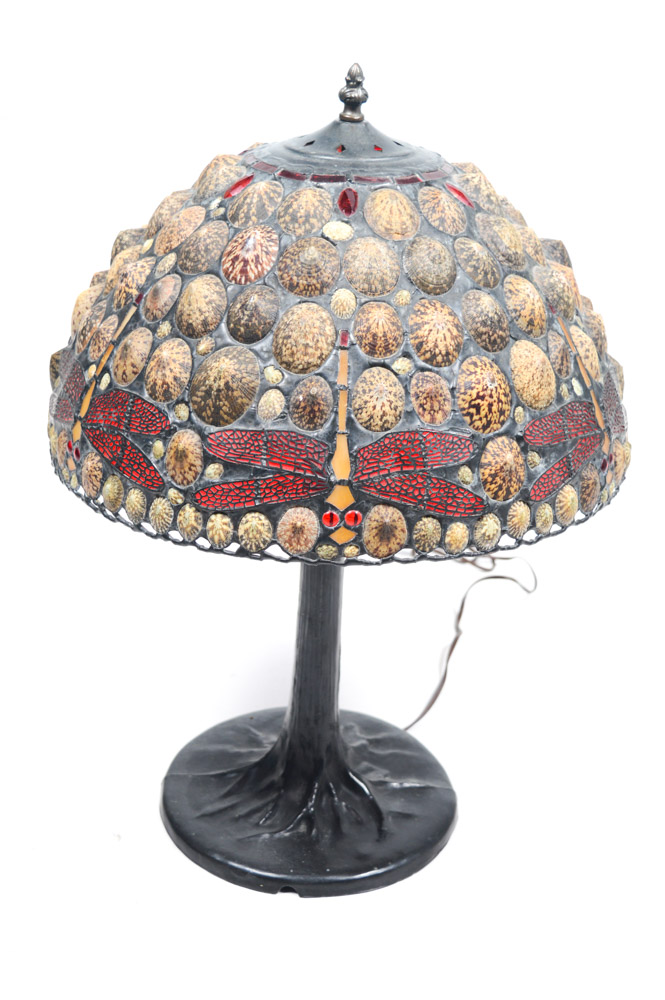 Richard Hoosin Dragonfly Motif and Shell Art Glass Table Lamp | EBTH