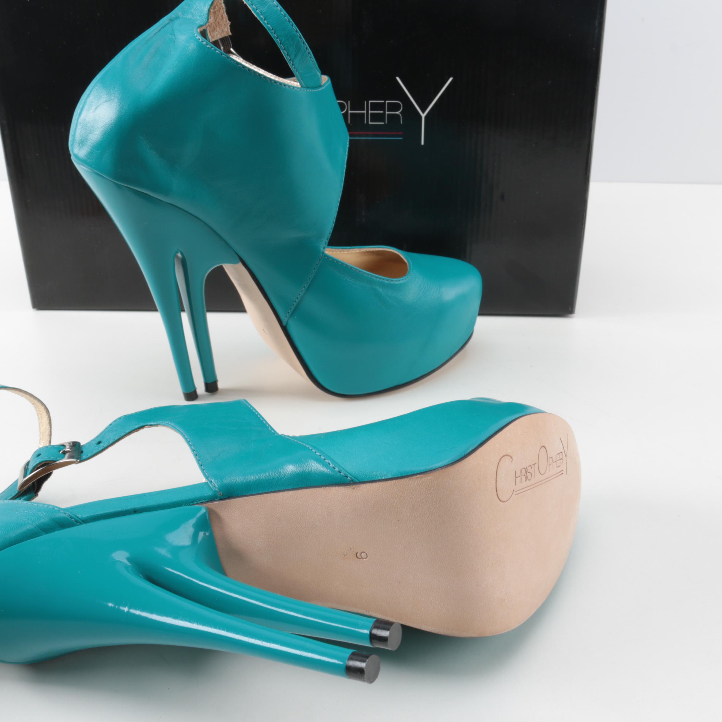 Christopher Coy Dual Heeled Stilettos in Aqua Leather | EBTH