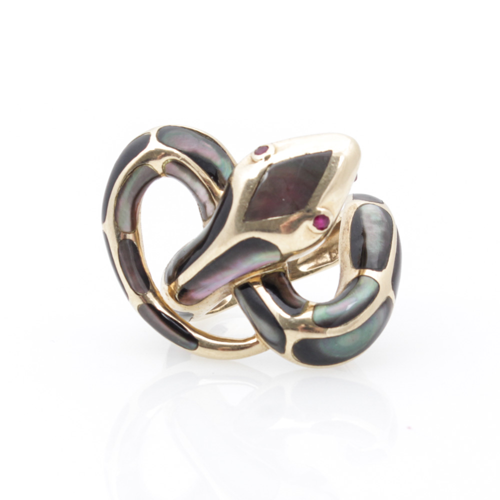 14K Yellow Gold Ruby, Tourmaline and Mother of Pearl Snake Ring | EBTH