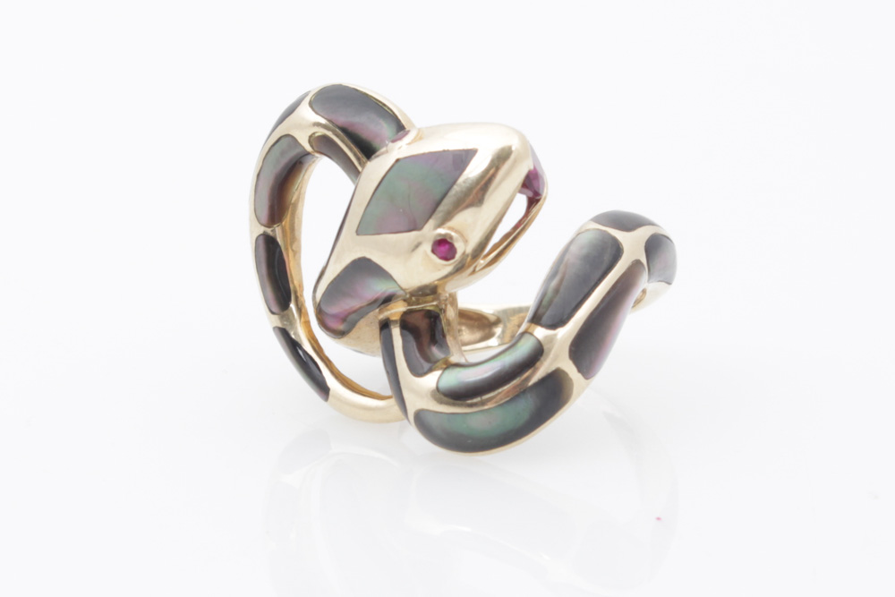 14K Yellow Gold Ruby, Tourmaline and Mother of Pearl Snake Ring | EBTH