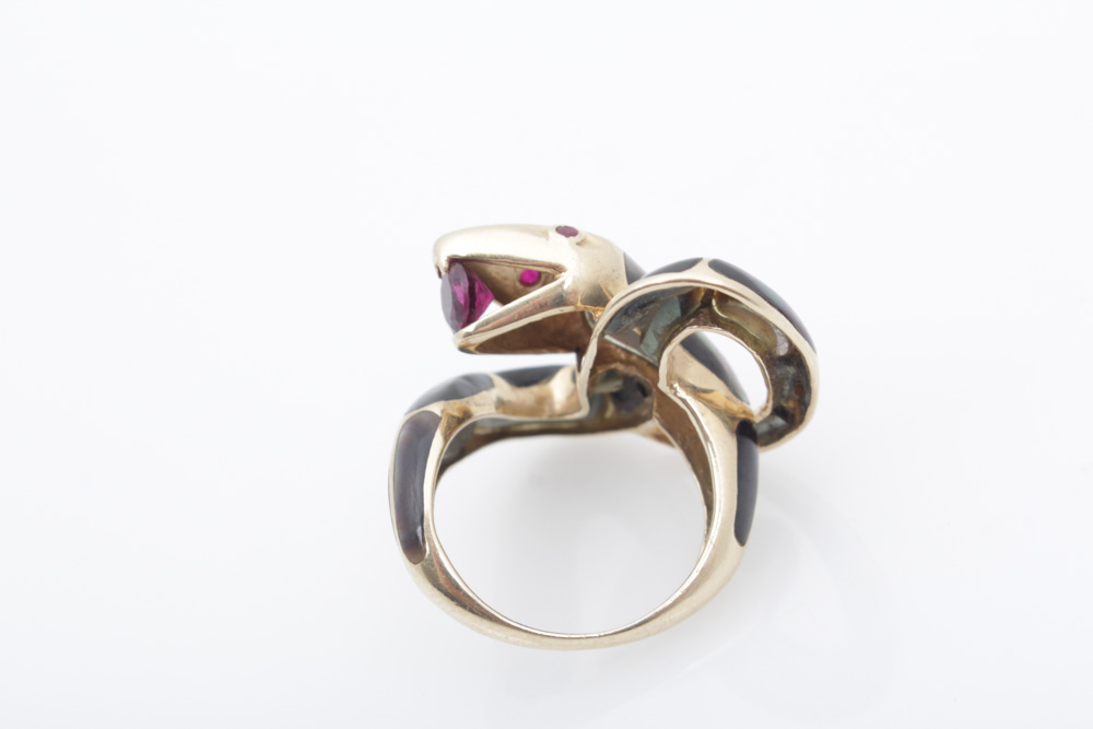14K Yellow Gold Ruby, Tourmaline and Mother of Pearl Snake Ring | EBTH