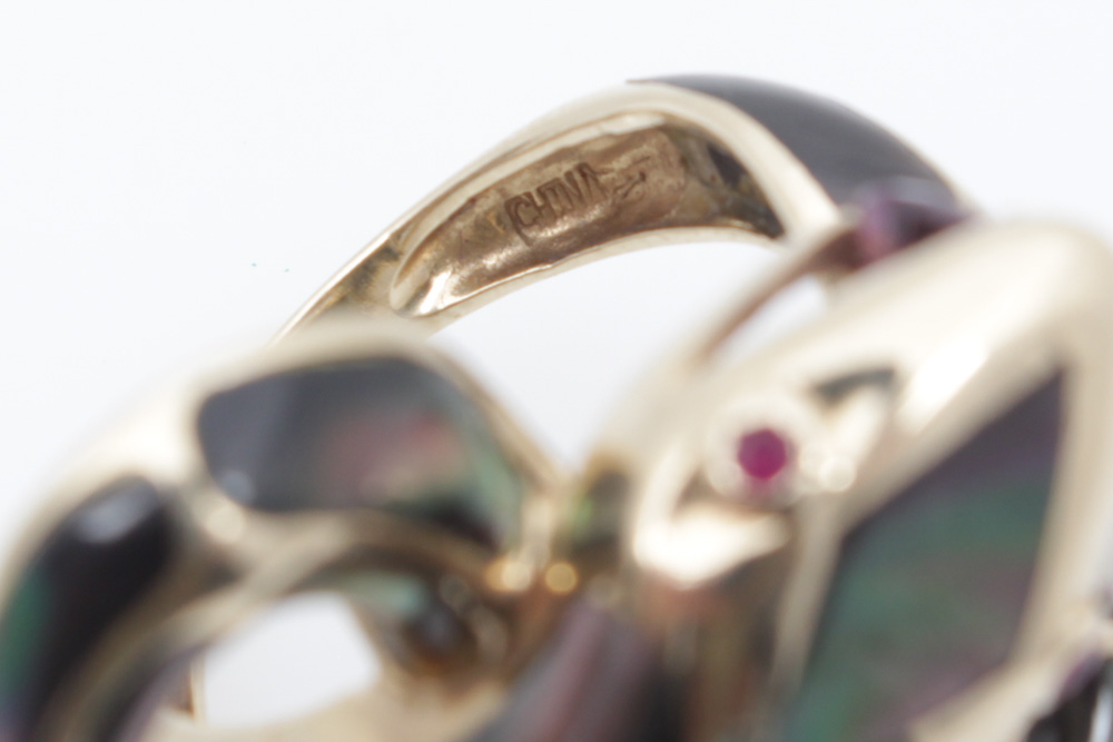 14K Yellow Gold Ruby, Tourmaline and Mother of Pearl Snake Ring | EBTH