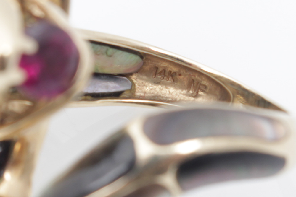 14K Yellow Gold Ruby, Tourmaline and Mother of Pearl Snake Ring | EBTH